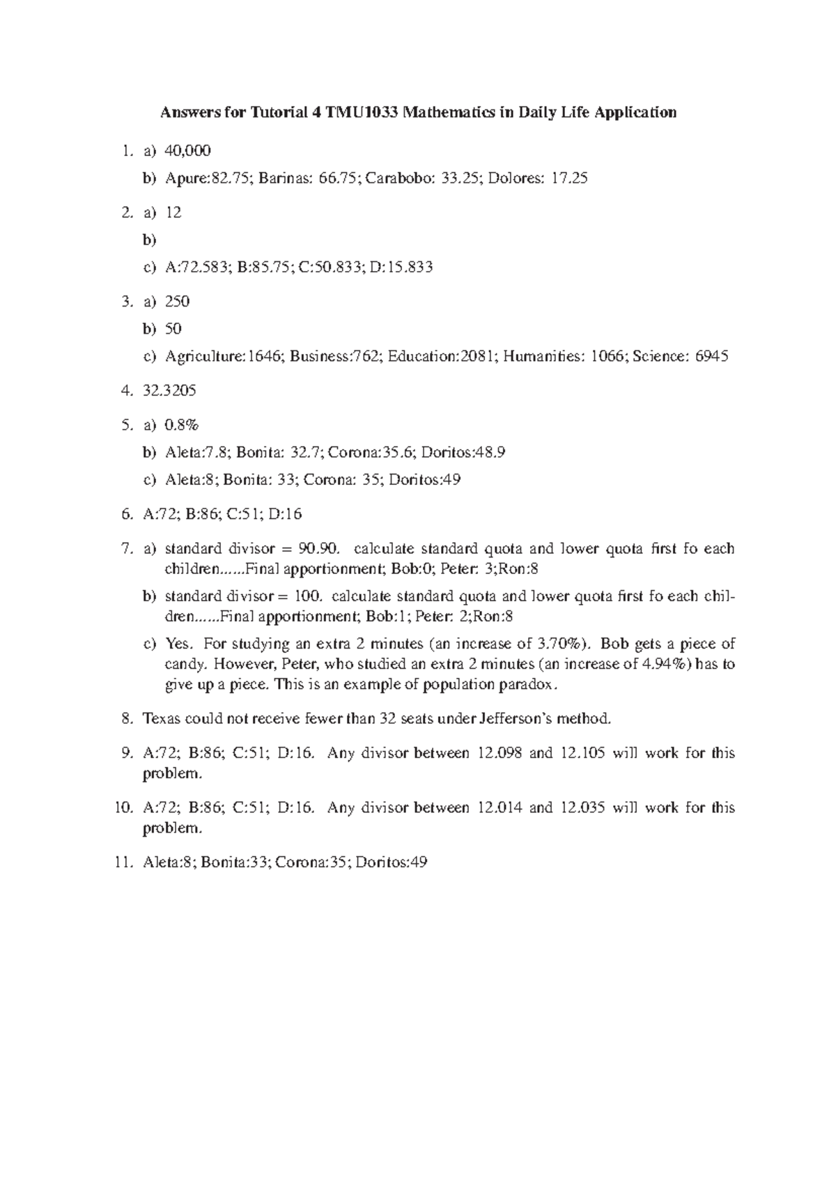 Tutorial 4 fa - Full answer - Answers for Tutorial 4 TMU1033 Mathematics in Daily Life ...