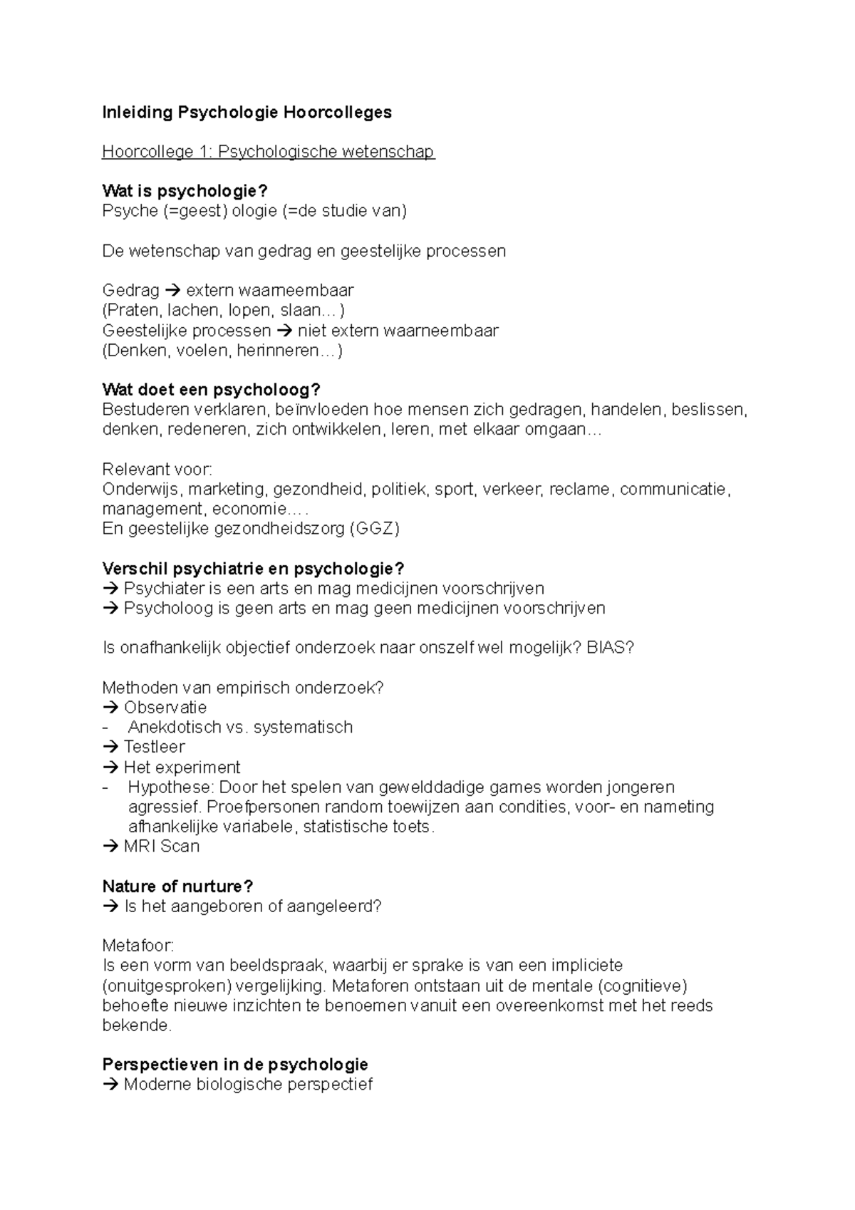 Aantekeningen Van Inleiding Psychologie Hoorcolleges Inleiding