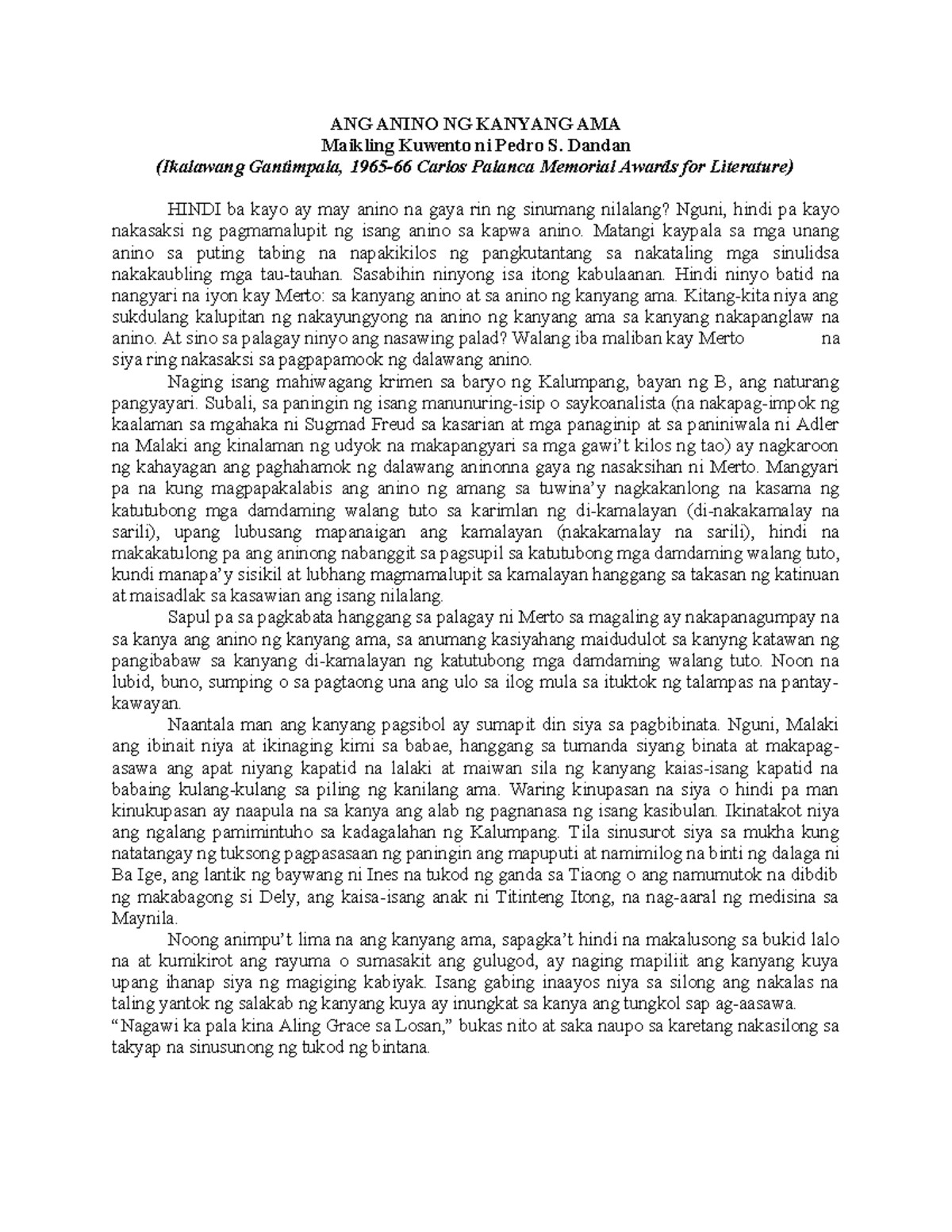 446657760 Ang Anino Ng Kanyang Ama docx - ANG ANINO NG KANYANG AMA Maikling Kuwento ni Pedro S ...