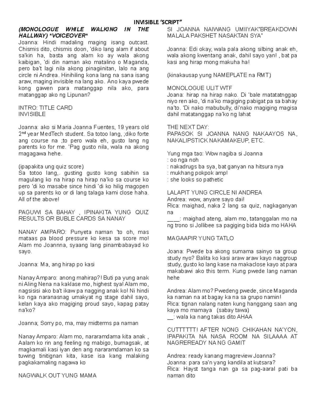 MTLB- Drugs - INVISIBLE ‘SCRIPT” (MONOLOGUE WHILE WALKING IN THE HALLWAY) VOICEOVER Joanna ...