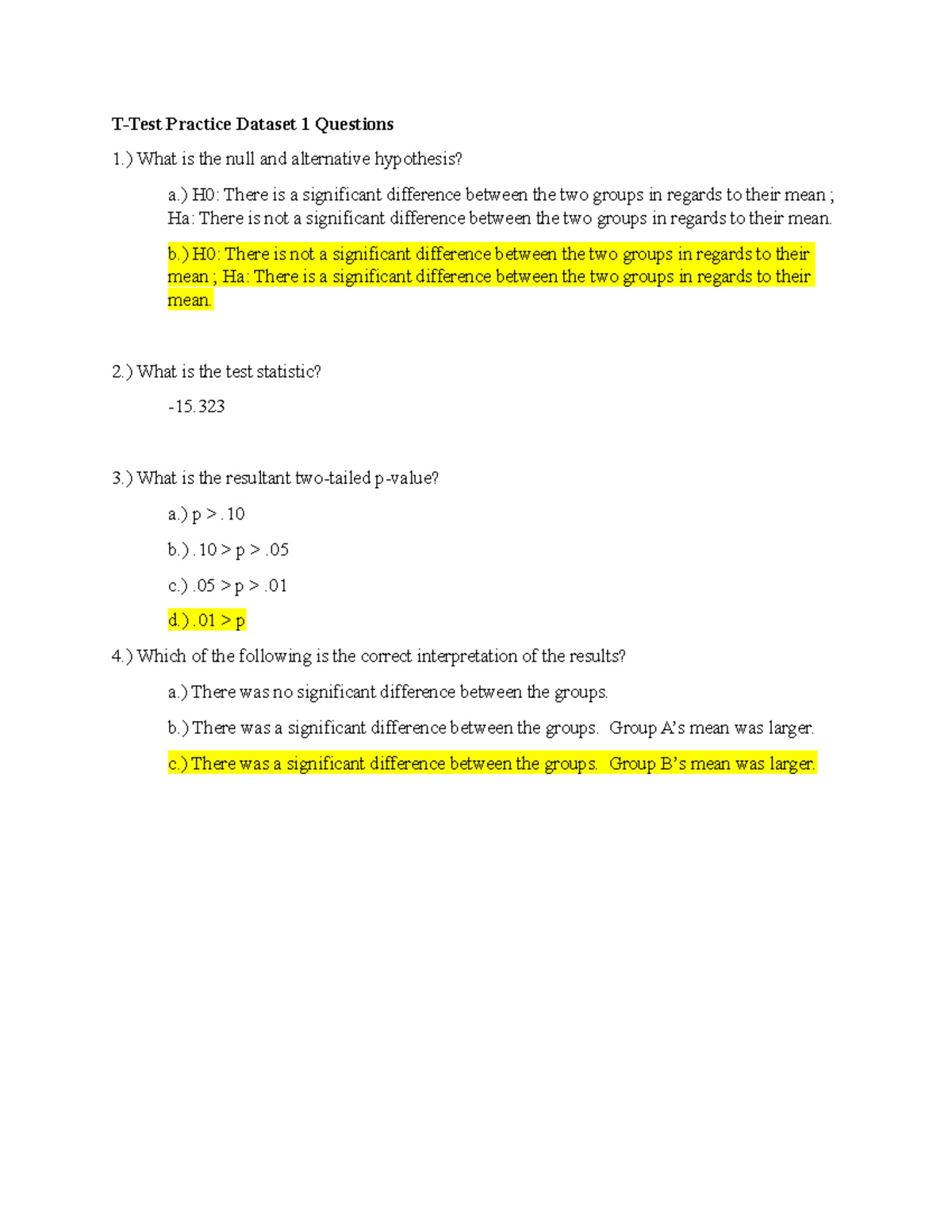 Two sample t test answers - T-Test Practice Dataset 1 Questions 1 ...