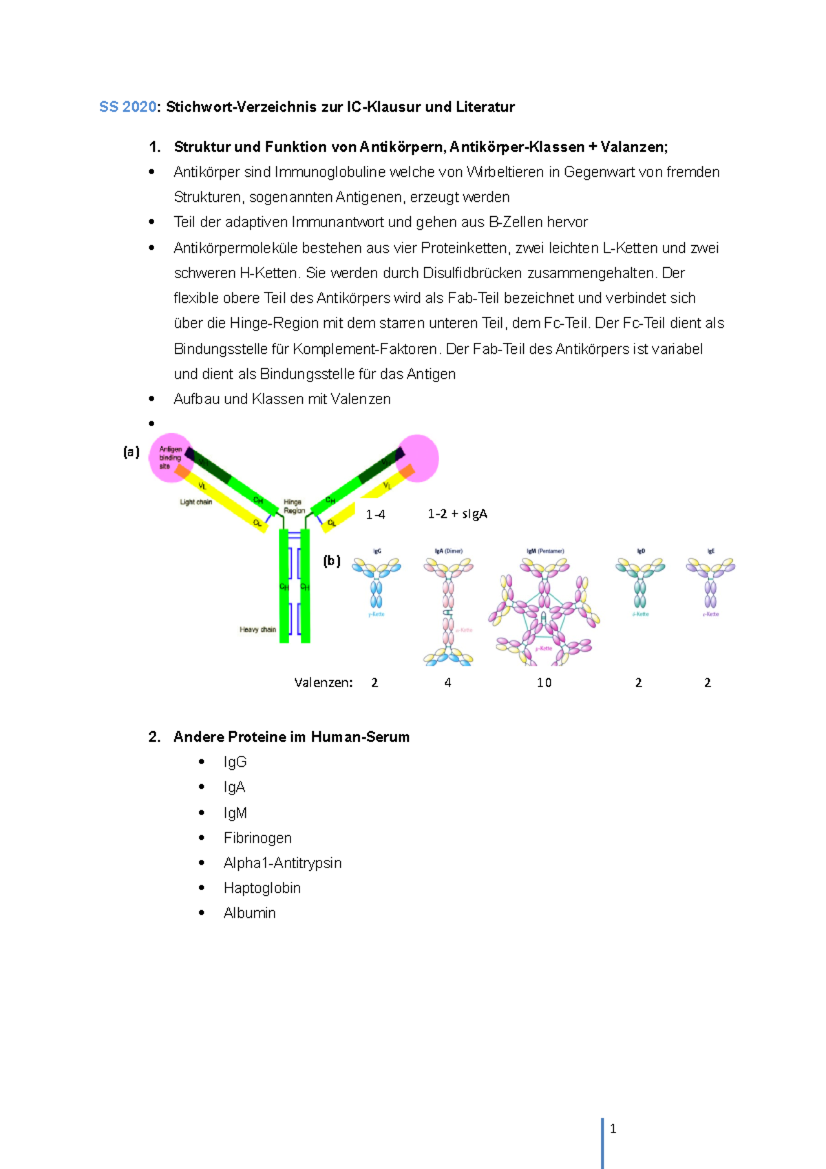 Immunchemie Klausur-Fragen - SS 202 0 : Stichwort-Verzeichnis zur IC-Klausur und Literatur 1 ...
