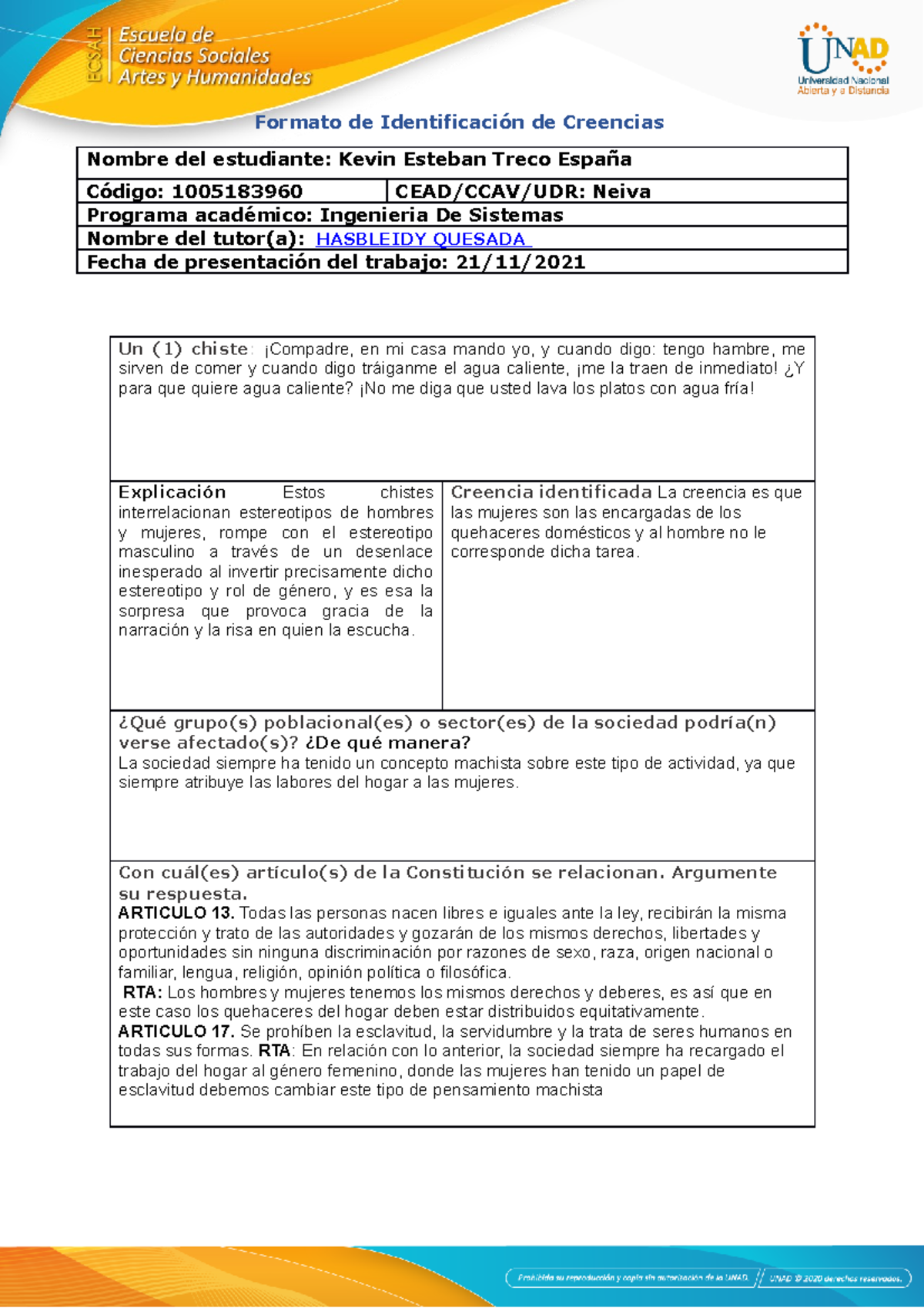 Anexo Formato identificación de creencias Kevin Esteban Treco España ...
