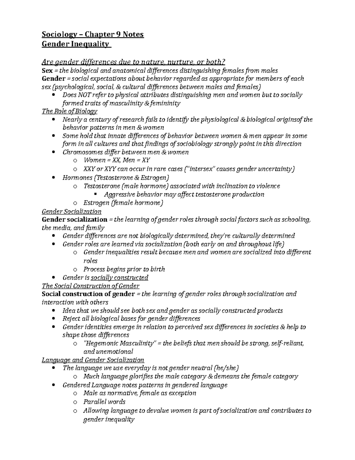 Sociology – Chapter 9 Notes - Sociology – Chapter 9 Notes Gender ...