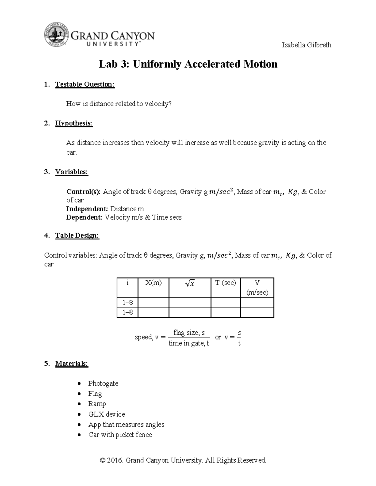 Lab3 Uniformly Accelerated Motion - Lab 3: Uniformly Accelerated Motion ...