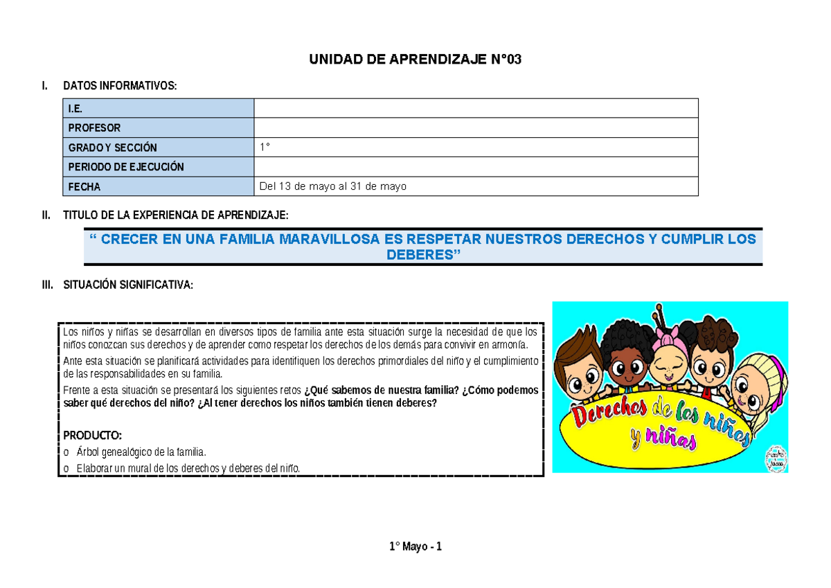 1º Unidad DE Aprendizaje N° 03 - UNIDAD DE APRENDIZAJE N° I. DATOS INFORMATIVOS: I. PROFESOR ...