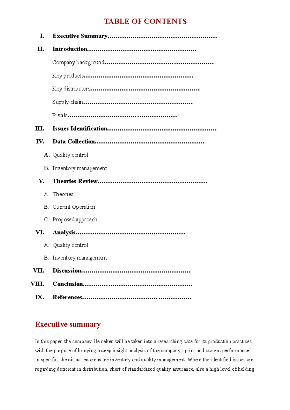 OM-Sample - Grade: 6.5 - TABLE OF CONTENTS I. Executive - Studocu