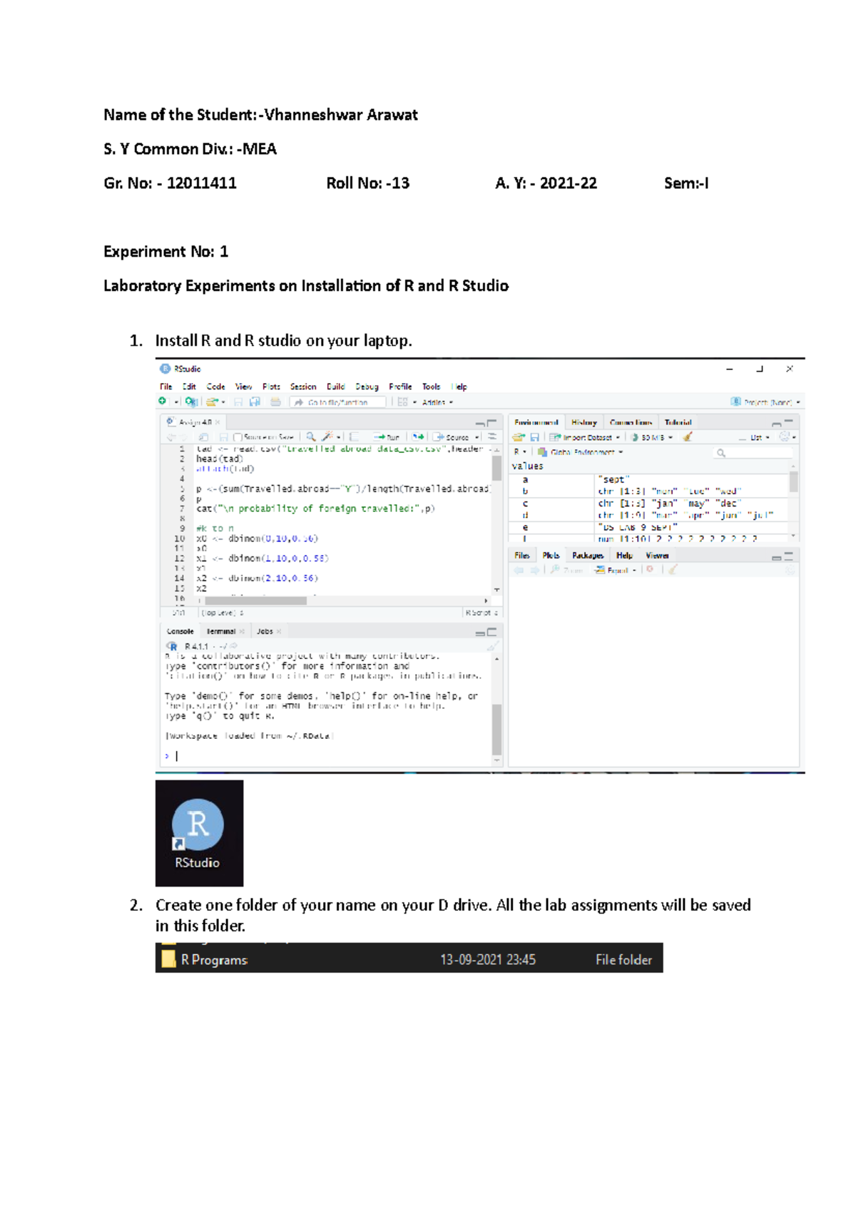 13 Exp No 1 - Laboratory Experiments on Installation of R and R Studio ...