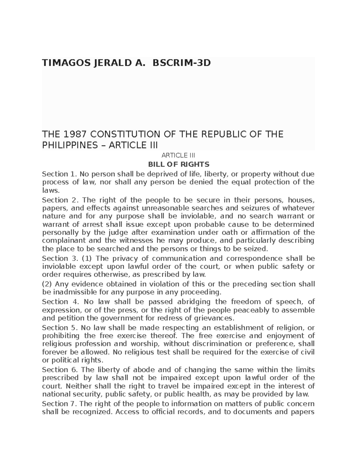 Bill of rights - Memorize it - TIMAGOS JERALD A. BSCRIM-3D THE 1987 ...