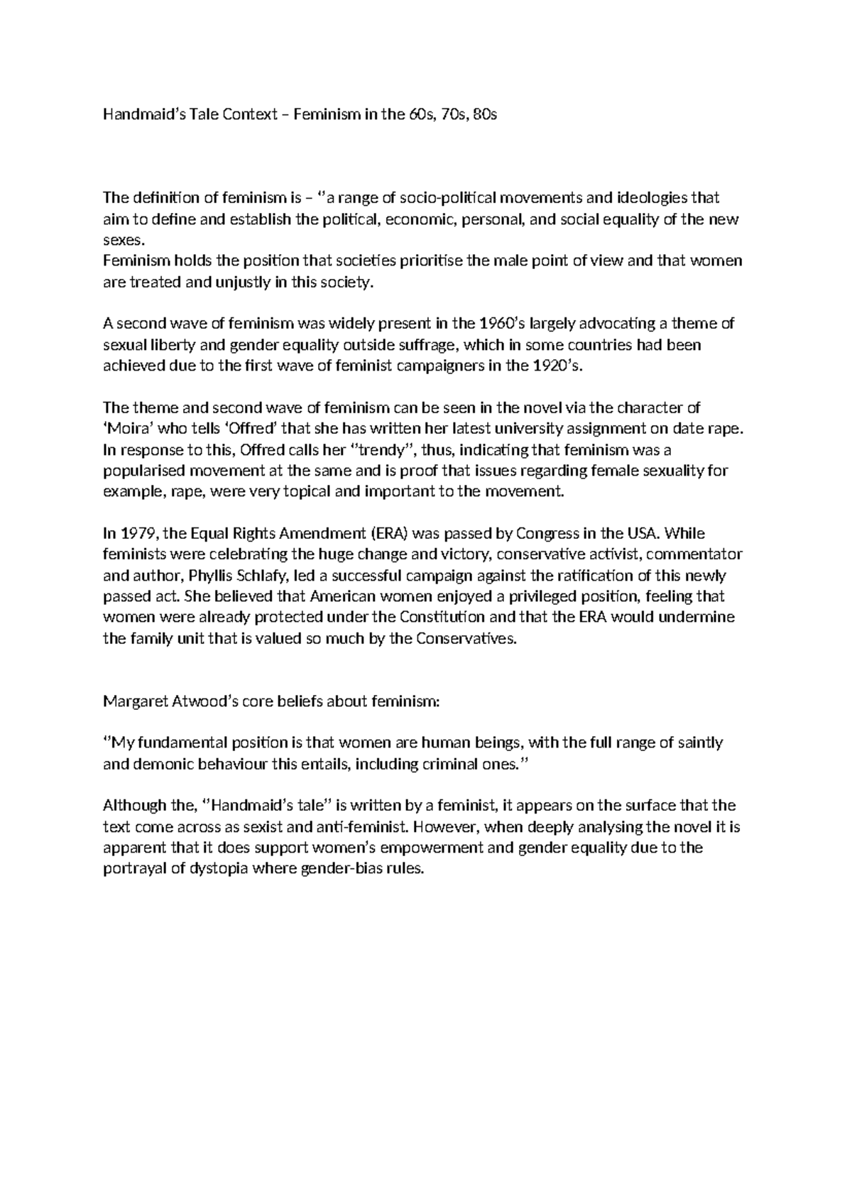 Feminism 60s, 70s, 80s - Handmaid’s Tale Context – Feminism in the 60s ...