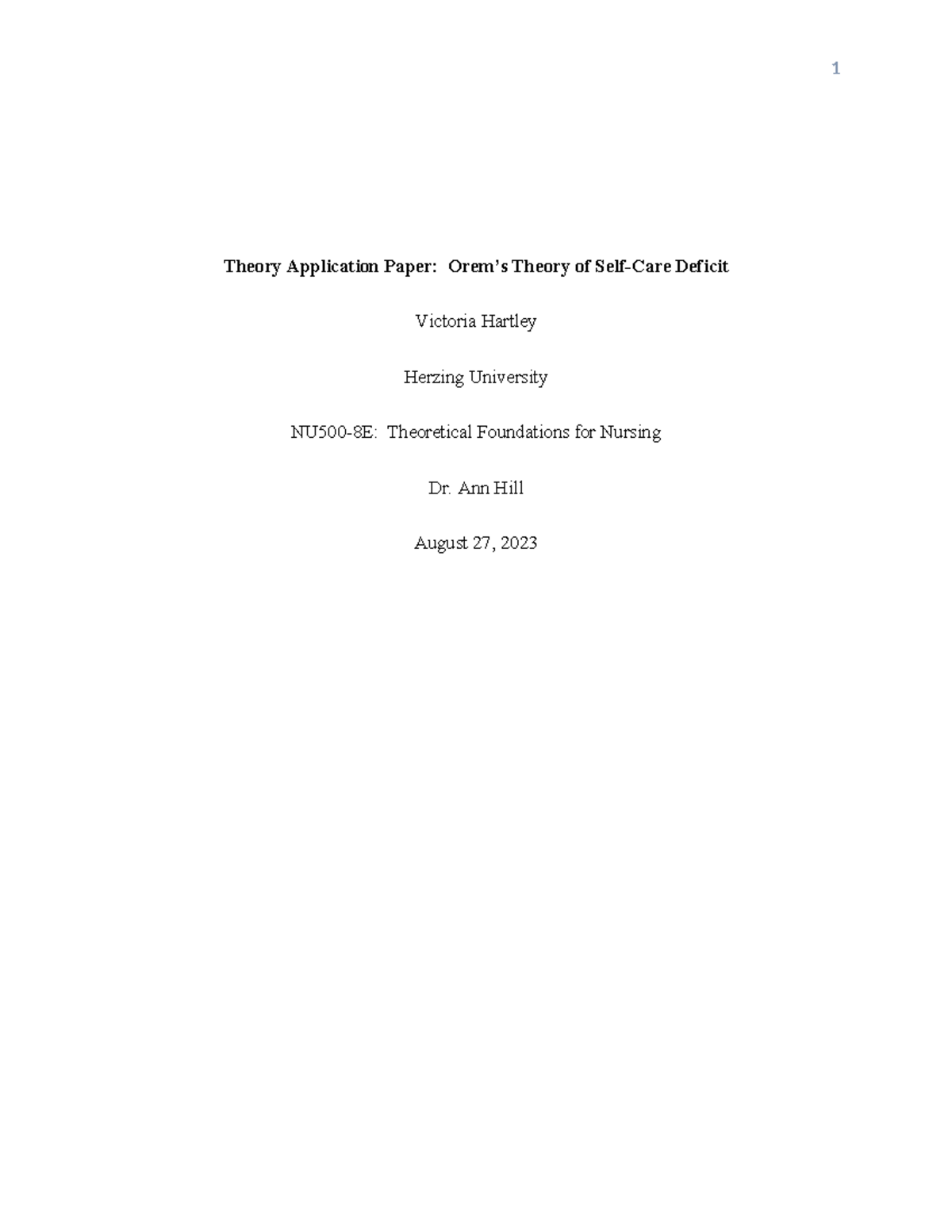 Theory Application Paper - Ann Hill August 27, 2023 Implementing ...
