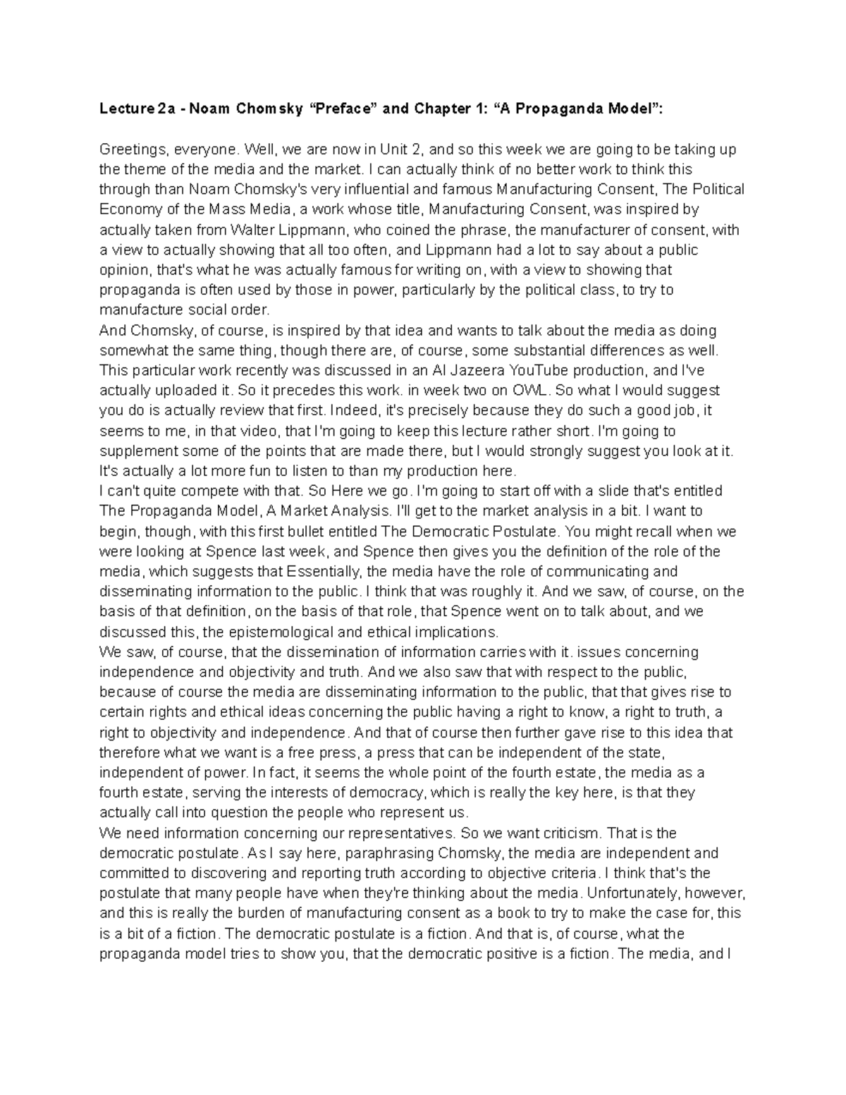 PHIL Lecture 2 - Transcript - Lecture 2a - Noam Chomsky “Preface” and Chapter 1: “A Propaganda ...