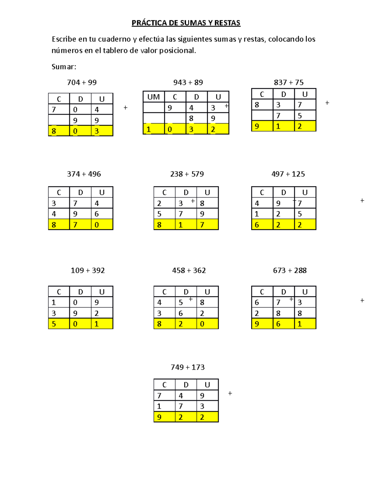 Practica DE Sumas Y Restas - PRÁCTICA DE SUMAS Y RESTAS Escribe en tu ...