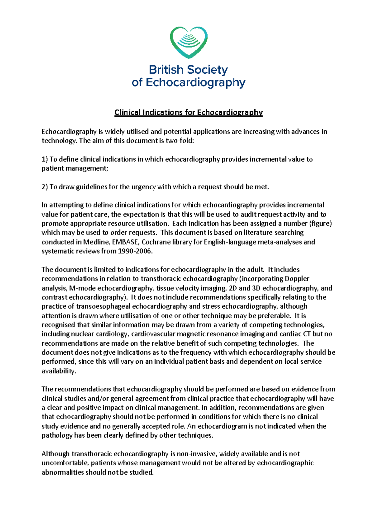 Indications for echocardiography - Clinical Indications for ...