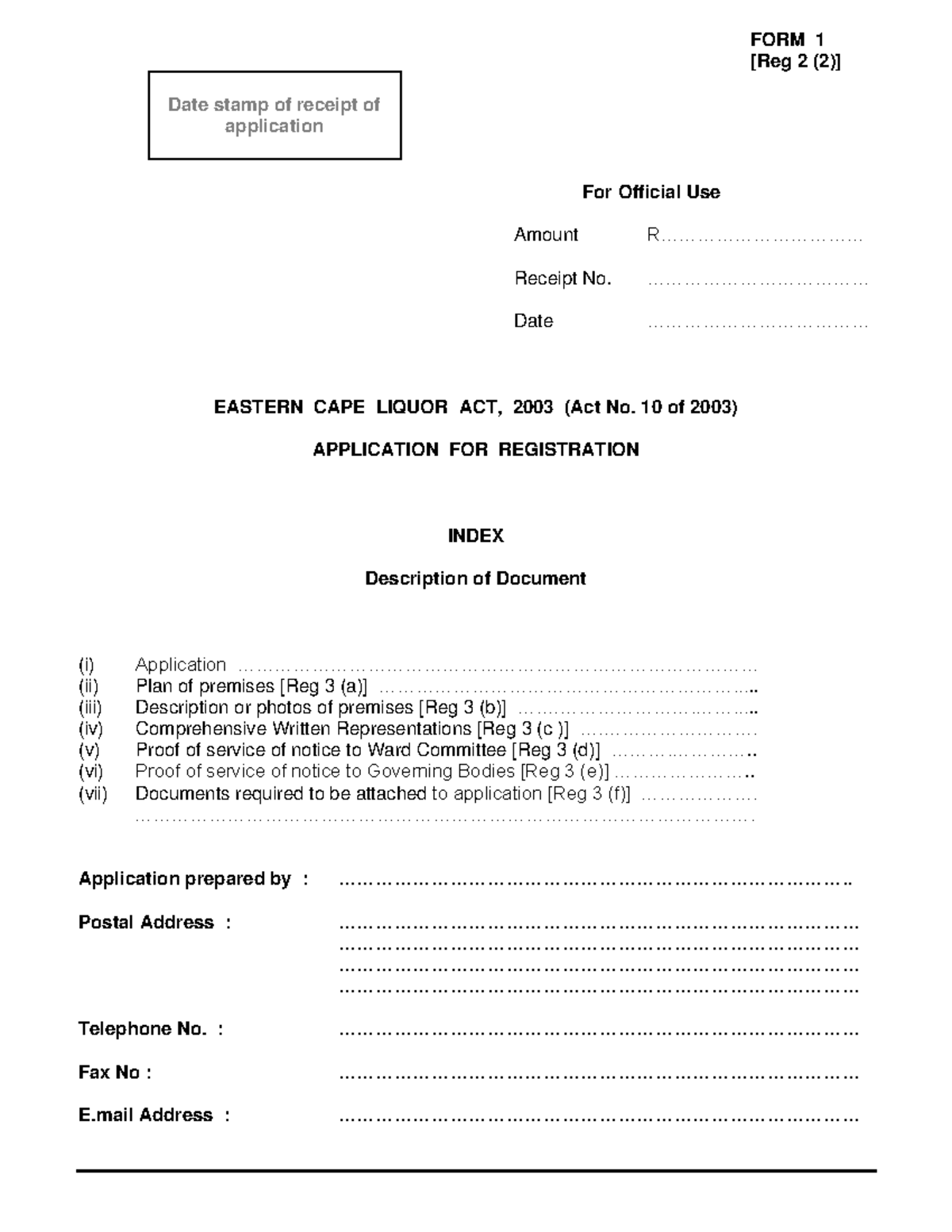 FORM 1 Application Student Notes FORM 1 Reg 2 2 Date Stamp Of
