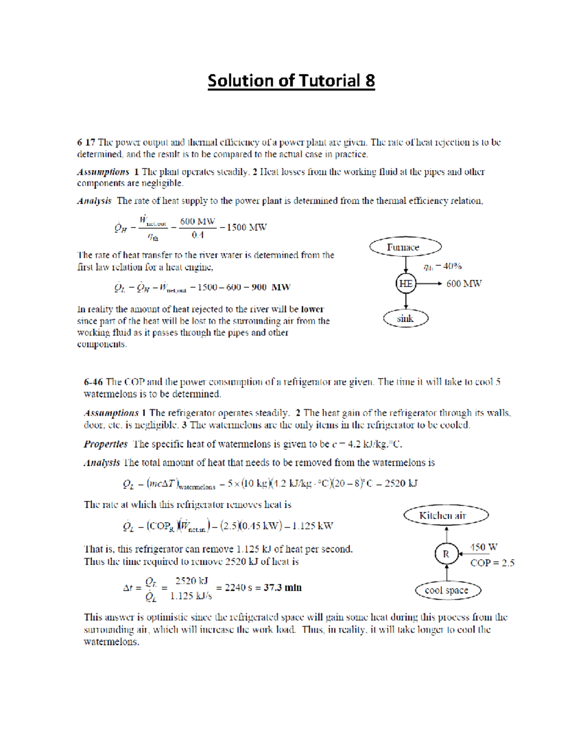 Tutorial 8 Engineering Thermodynamics - Solution of Tutorial - Studocu