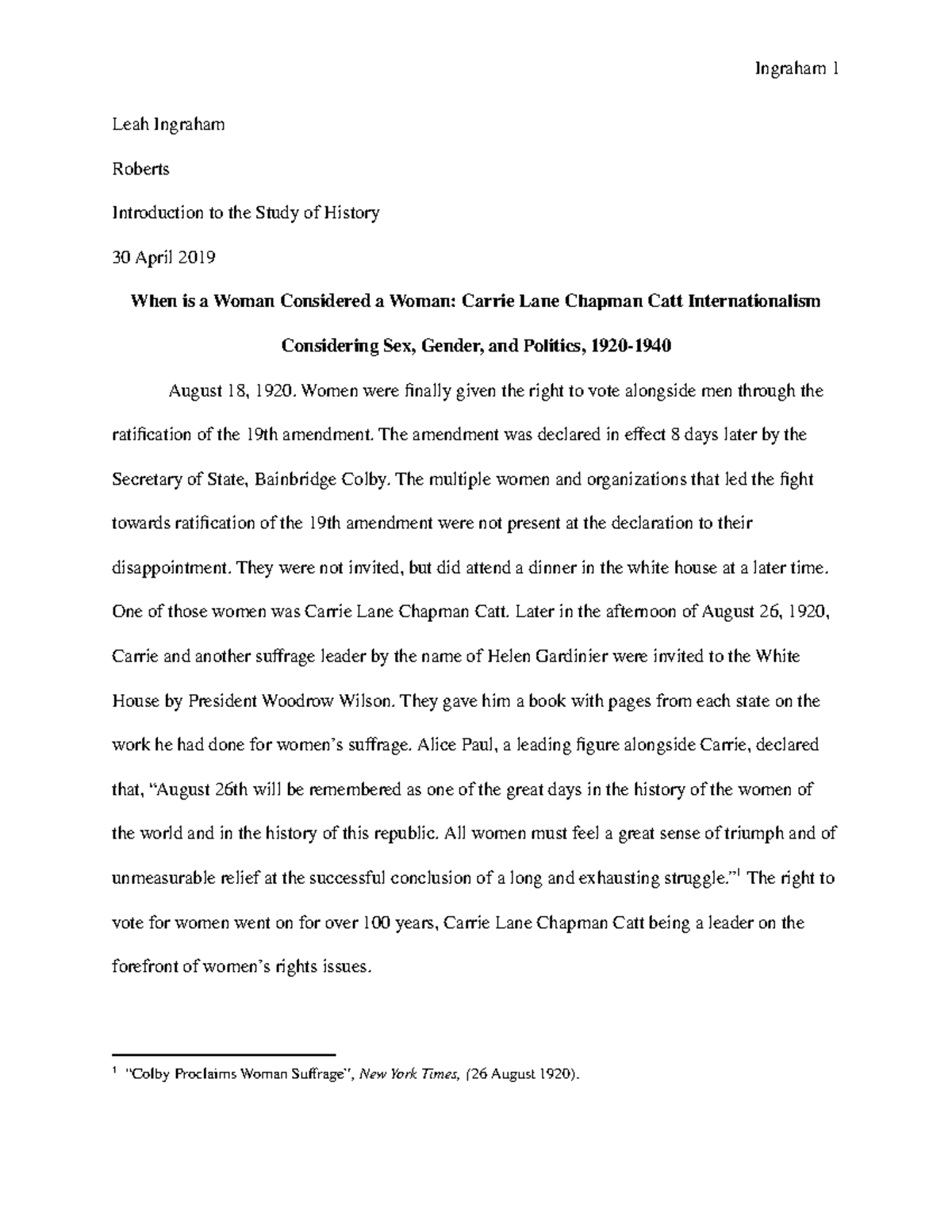 Intro final paper - 14 pages over carrie chapman catt internationalism ...