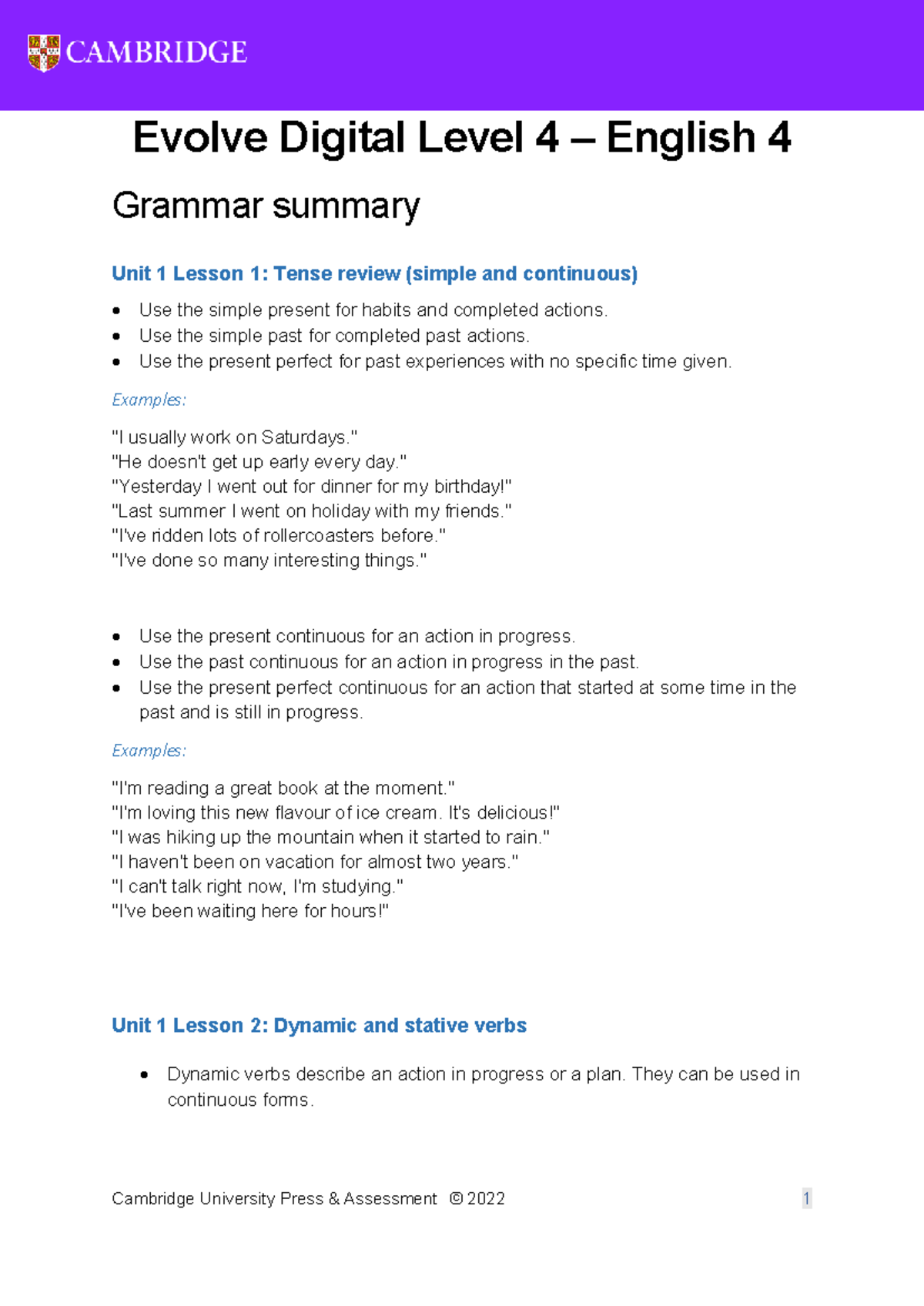 Unit 1 - E4 - Grammar - RESUMEN - Cambridge University Press ...