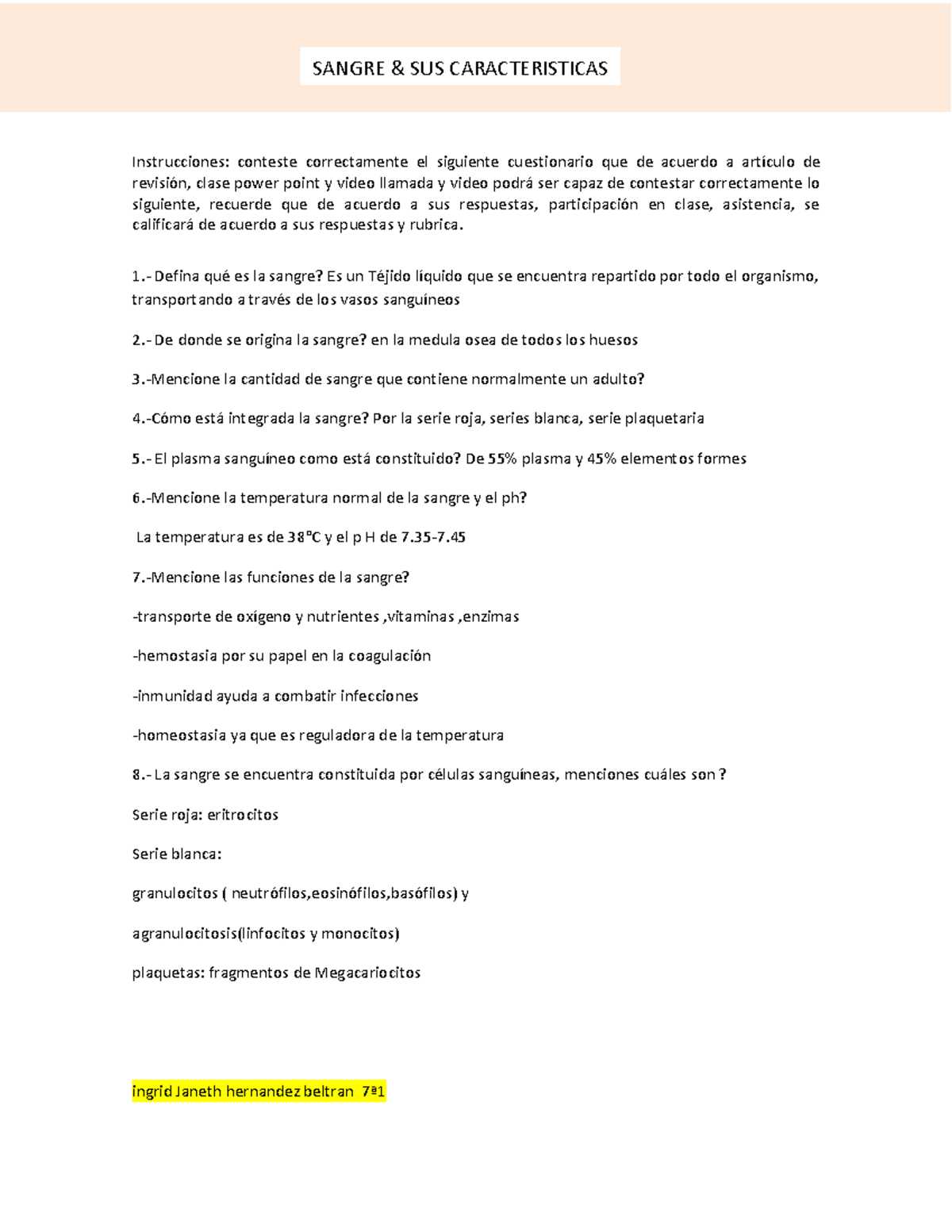 Sangre Cuestionario 1 - ferfr - Instrucciones: conteste correctamente ...
