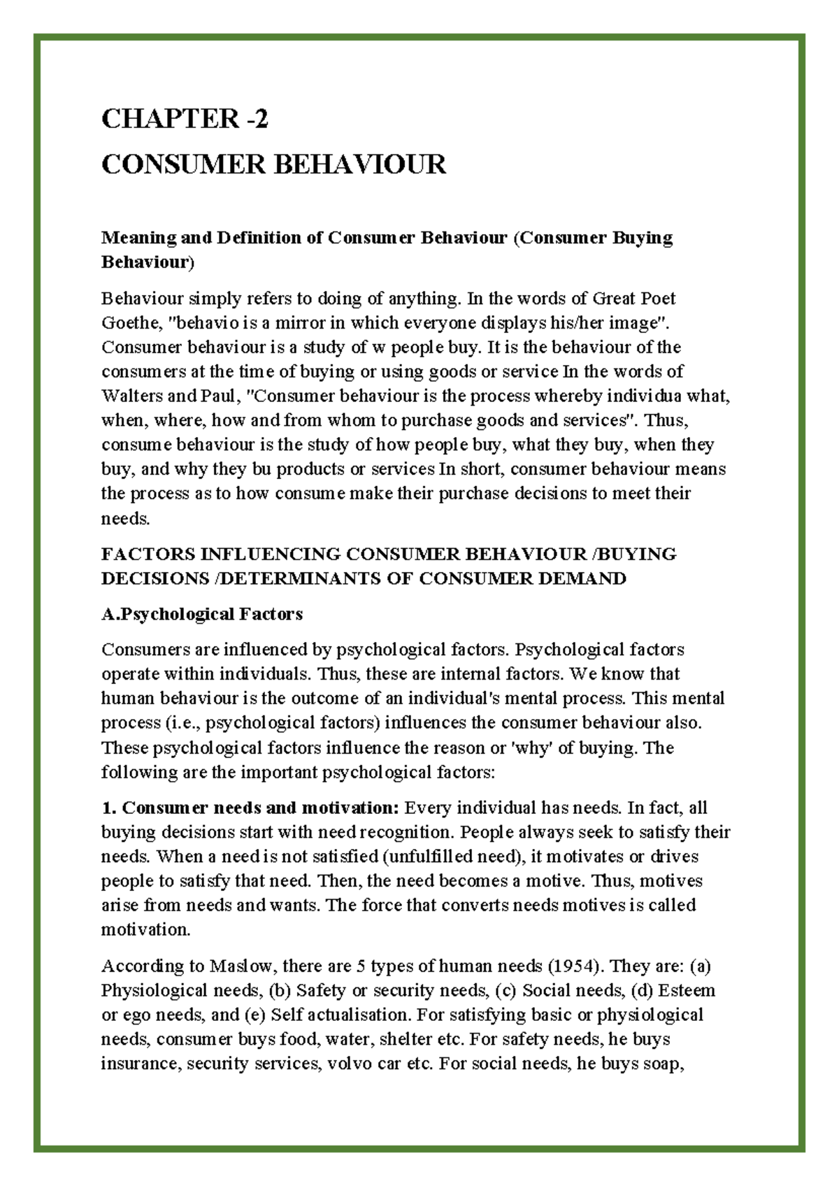 Consumer behaviour - CB NOTES - CHAPTER - CONSUMER BEHAVIOUR Meaning ...