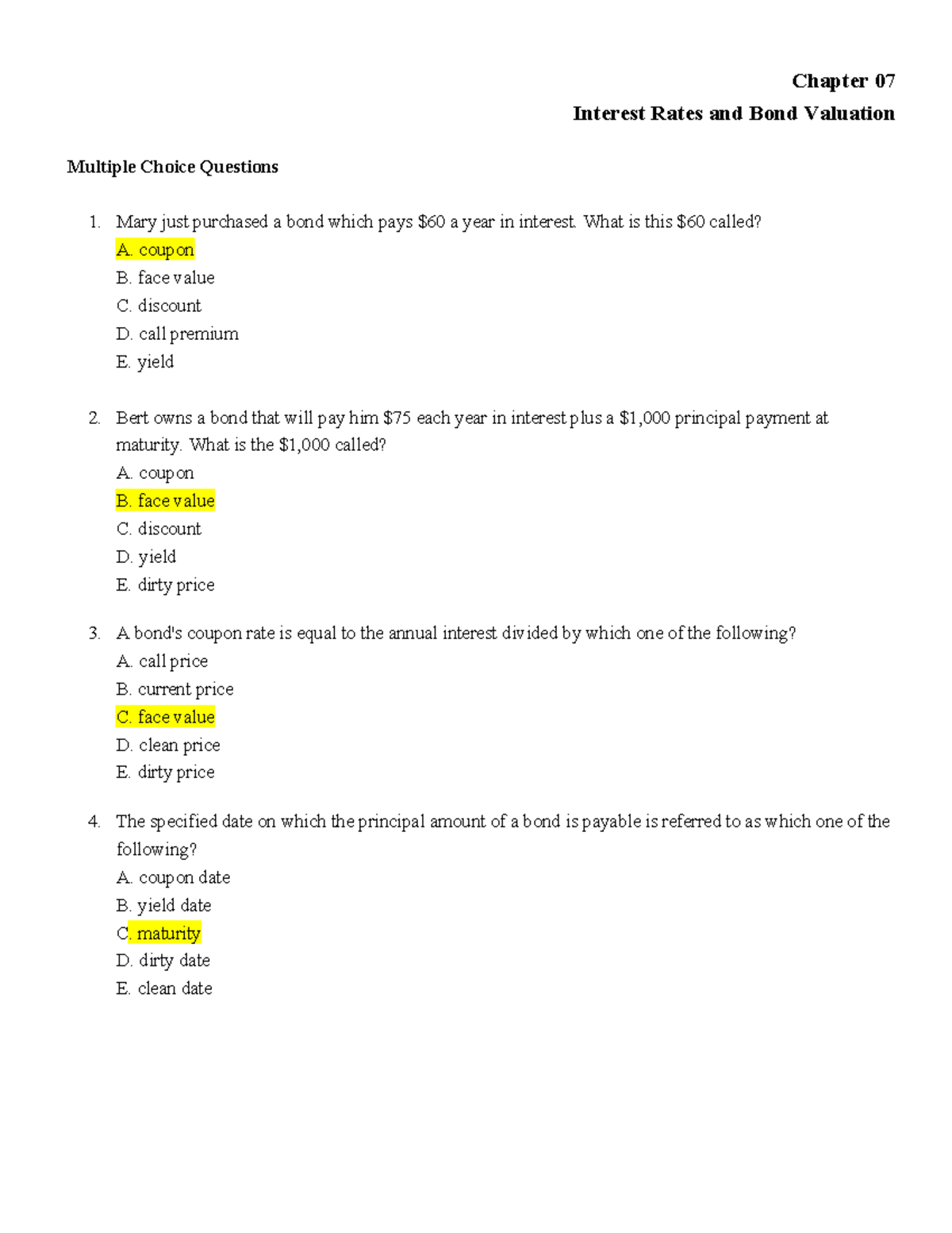 Chapter 7 Multiple choice questions - Chapter 07 Interest Rates and ...