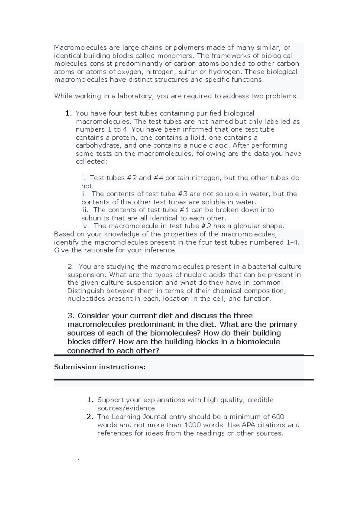 Unit 2 - bio - Macromolecules are large chains or polymers made of many ...
