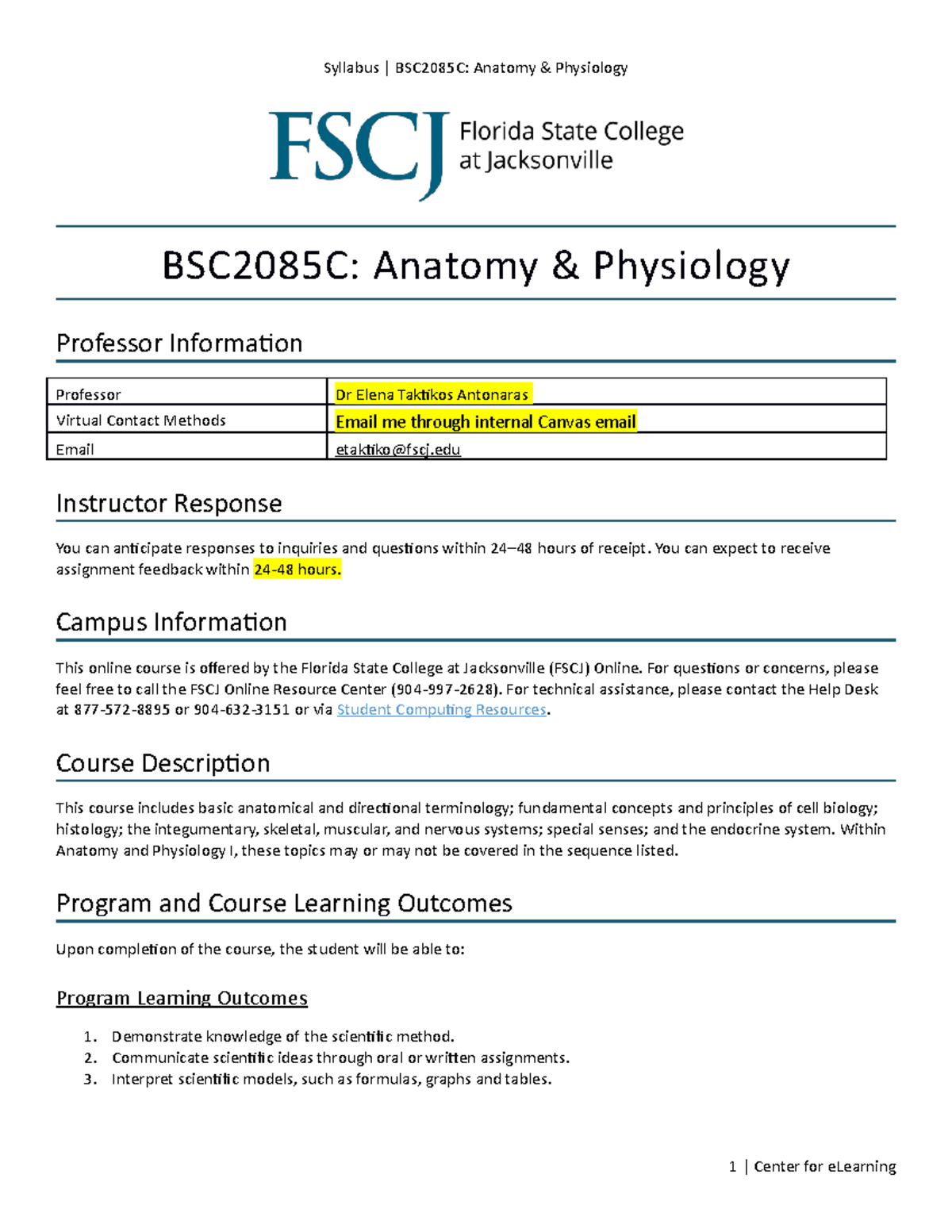 Anatomy And Physiology Syllabus BSC2085C Anatomy Physiology 