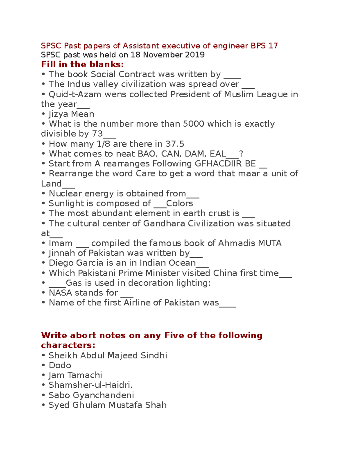 Current affair gk past - SPSC Past papers of Assistant executive of ...