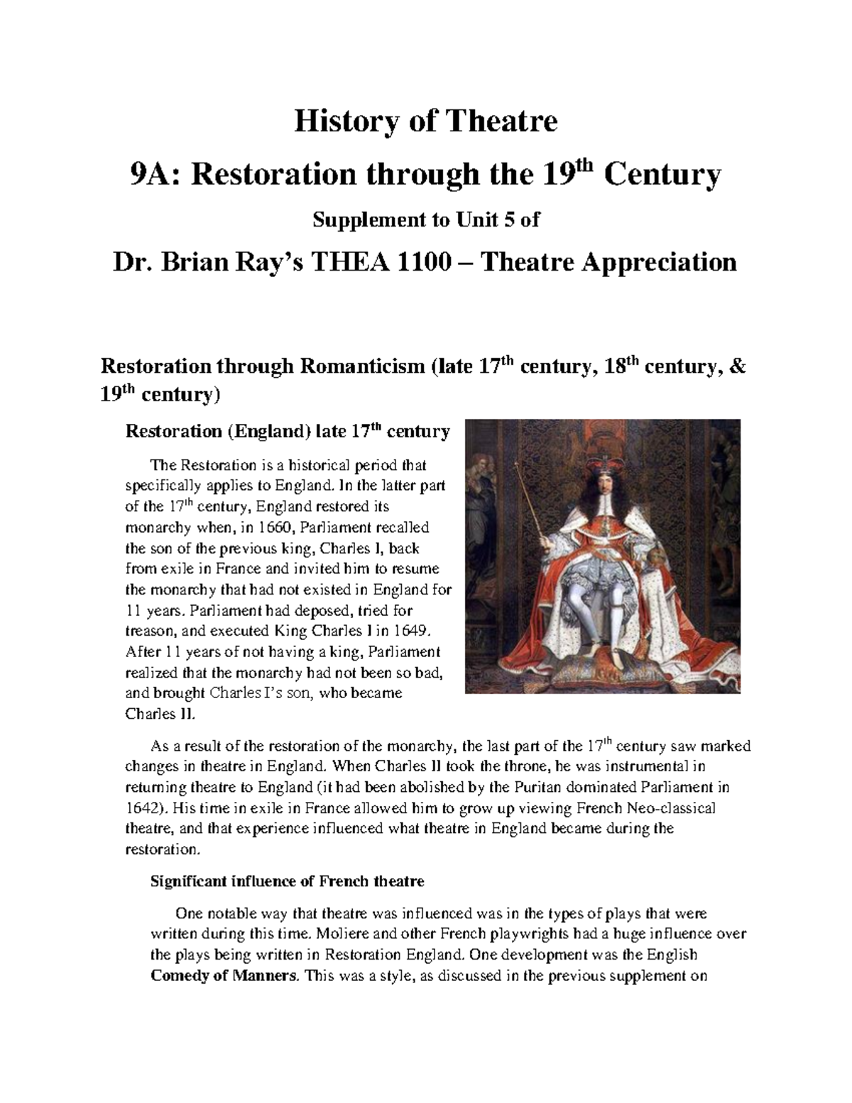9A Restoration to Romanticism - Supplement - History of Theatre 9A ...