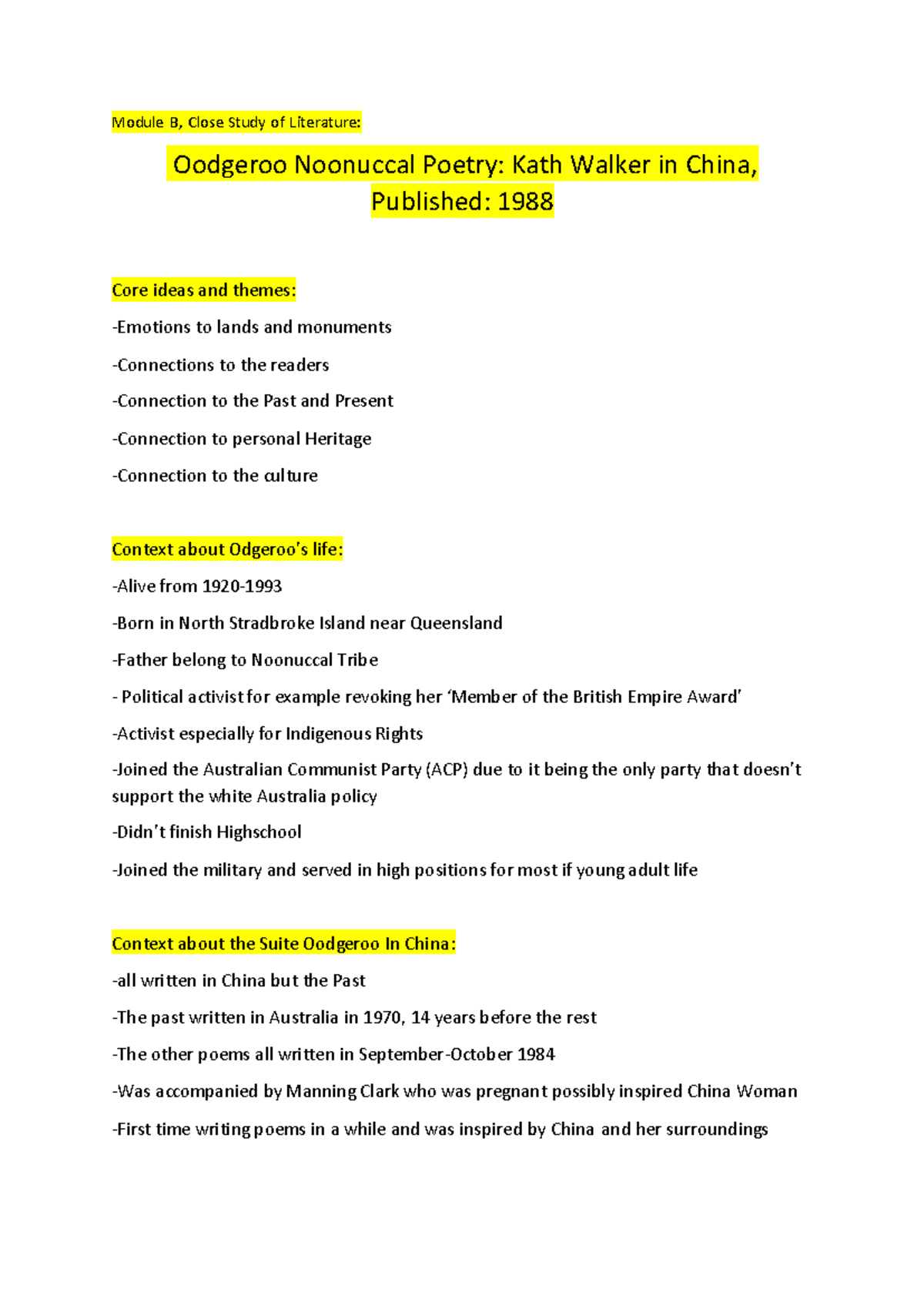 Oodgeroo-Noonucal-notes-amy - Module B, Close Study of Literature ...