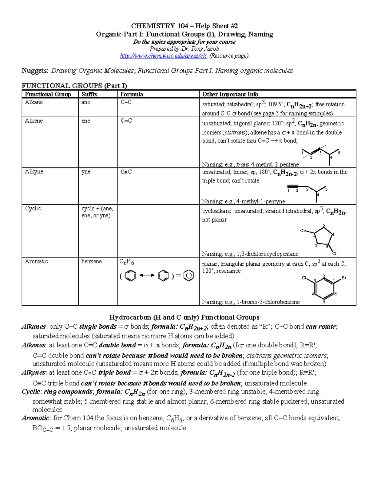 Helpsheet 2 104 - CHEMISTRY 104 – Help Sheet Organic-Part I: Functional ...