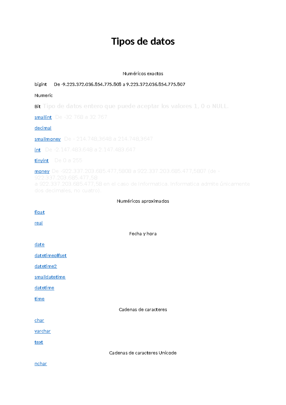 Tipos De Datos En Sql Server Tipos De Datos Numéricos Exactos Bigint De 9223372036854775 