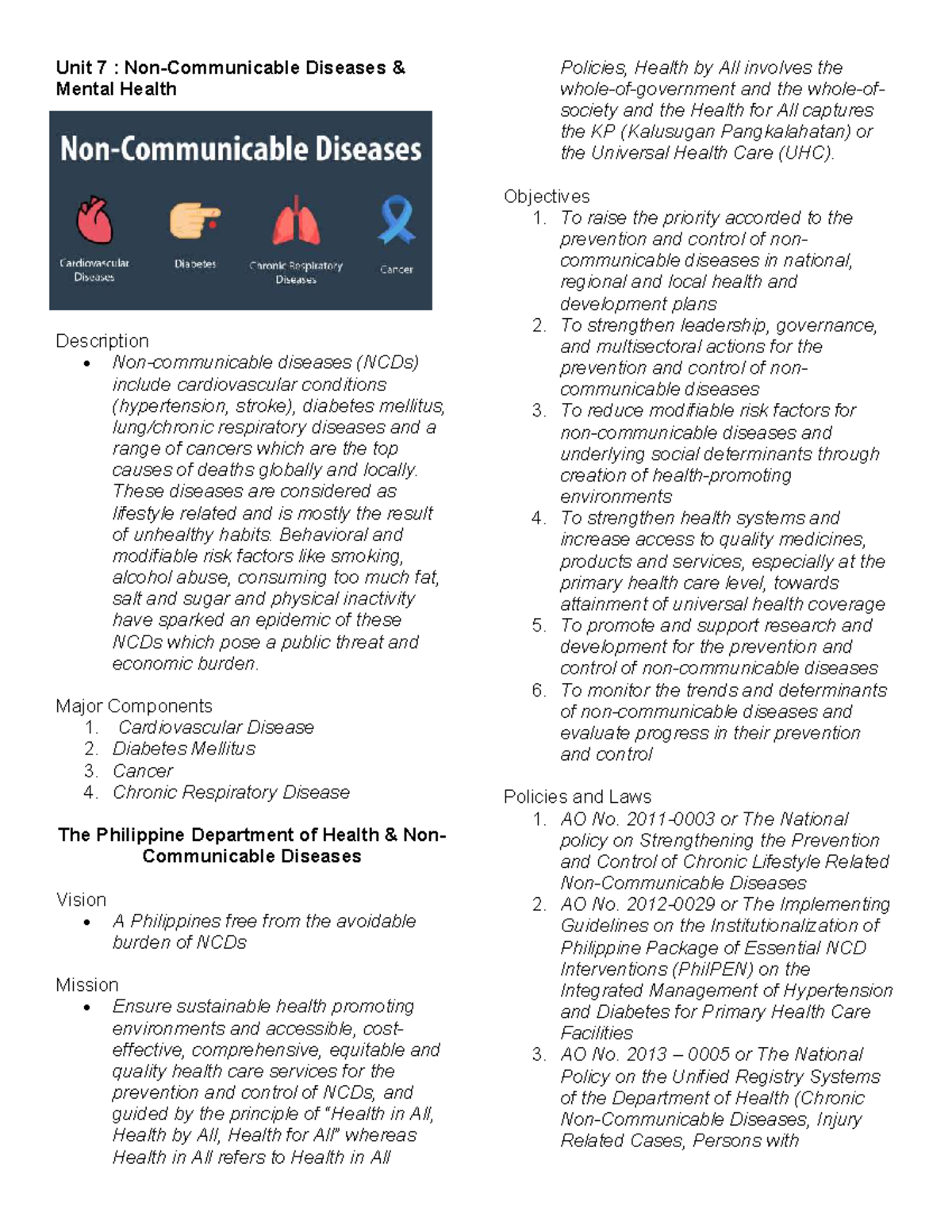 Unit 7 - unit 7 - Unit 7 : Non-Communicable Diseases & Mental Health ...