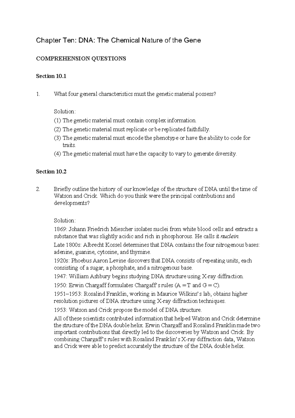 Exam 1 Book Solution - notes - Chapter Ten: DNA: The Chemical Nature of ...