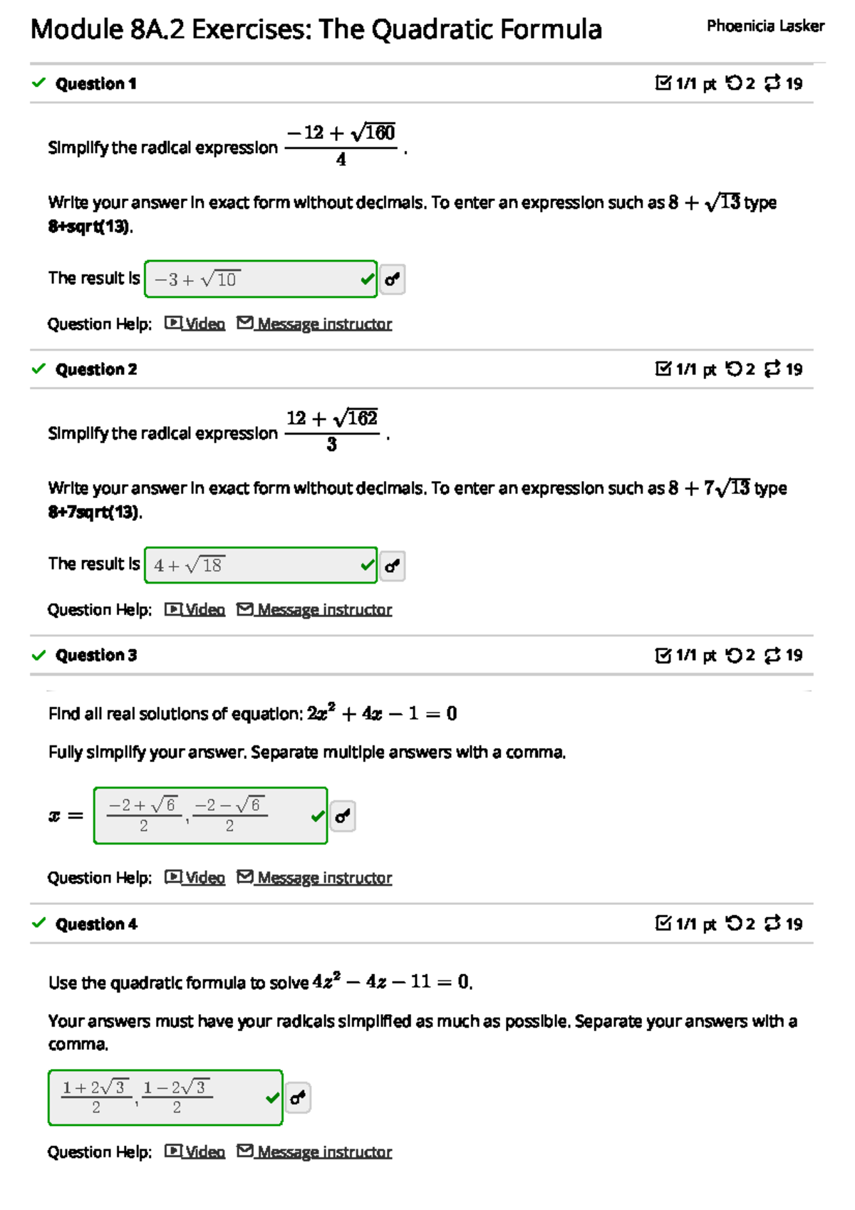 Module 8A.2 Exercises- The Quadratic Formula - Write your answer in ...