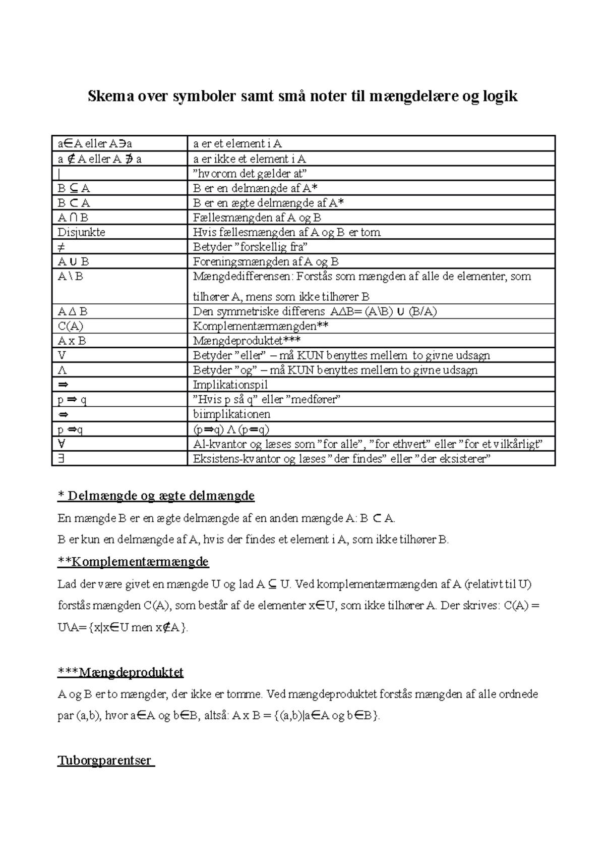 Skema over mængdelære og logik - Skema over symboler samt små noter til ...