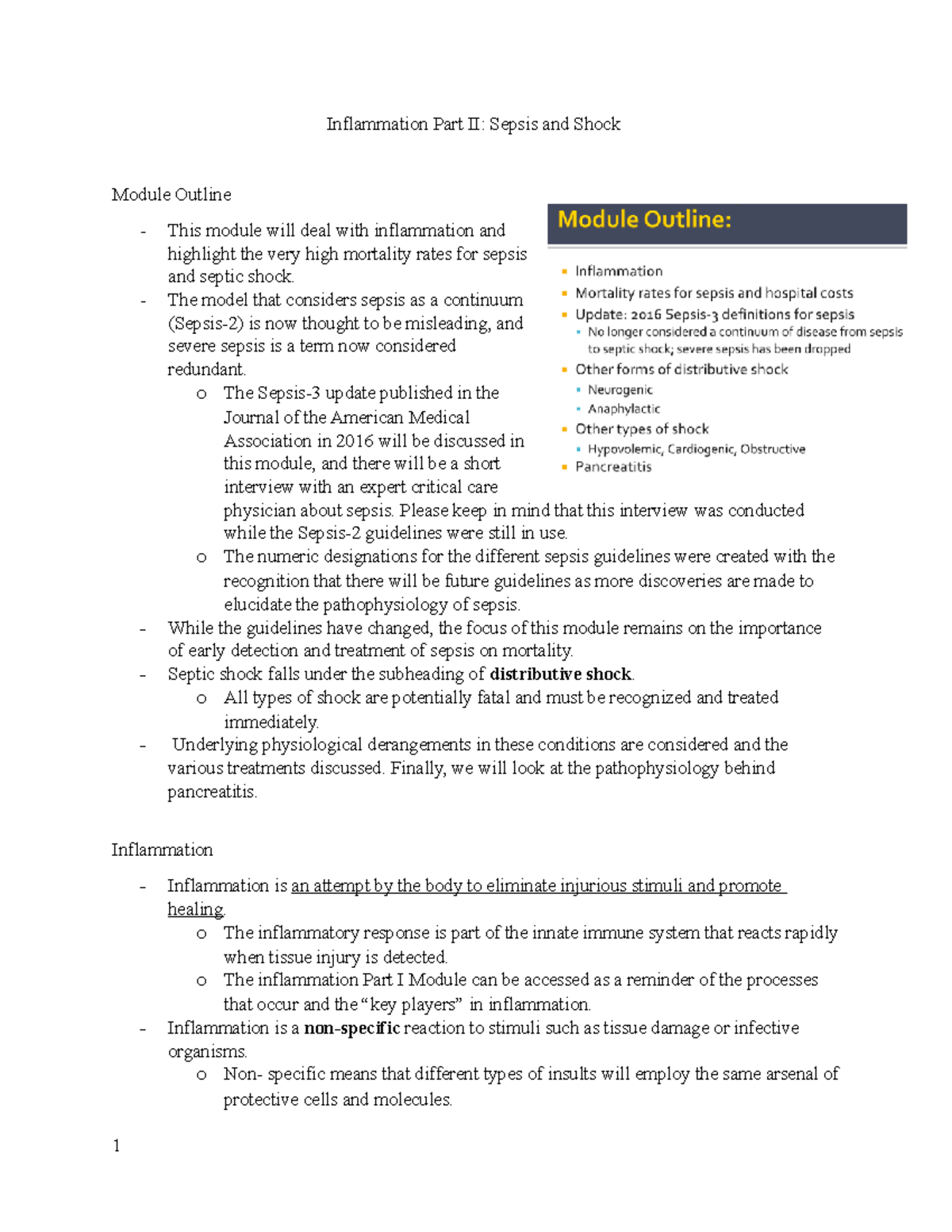 Inflammation Part II - notes - Inflammation Part II: Sepsis and Shock ...