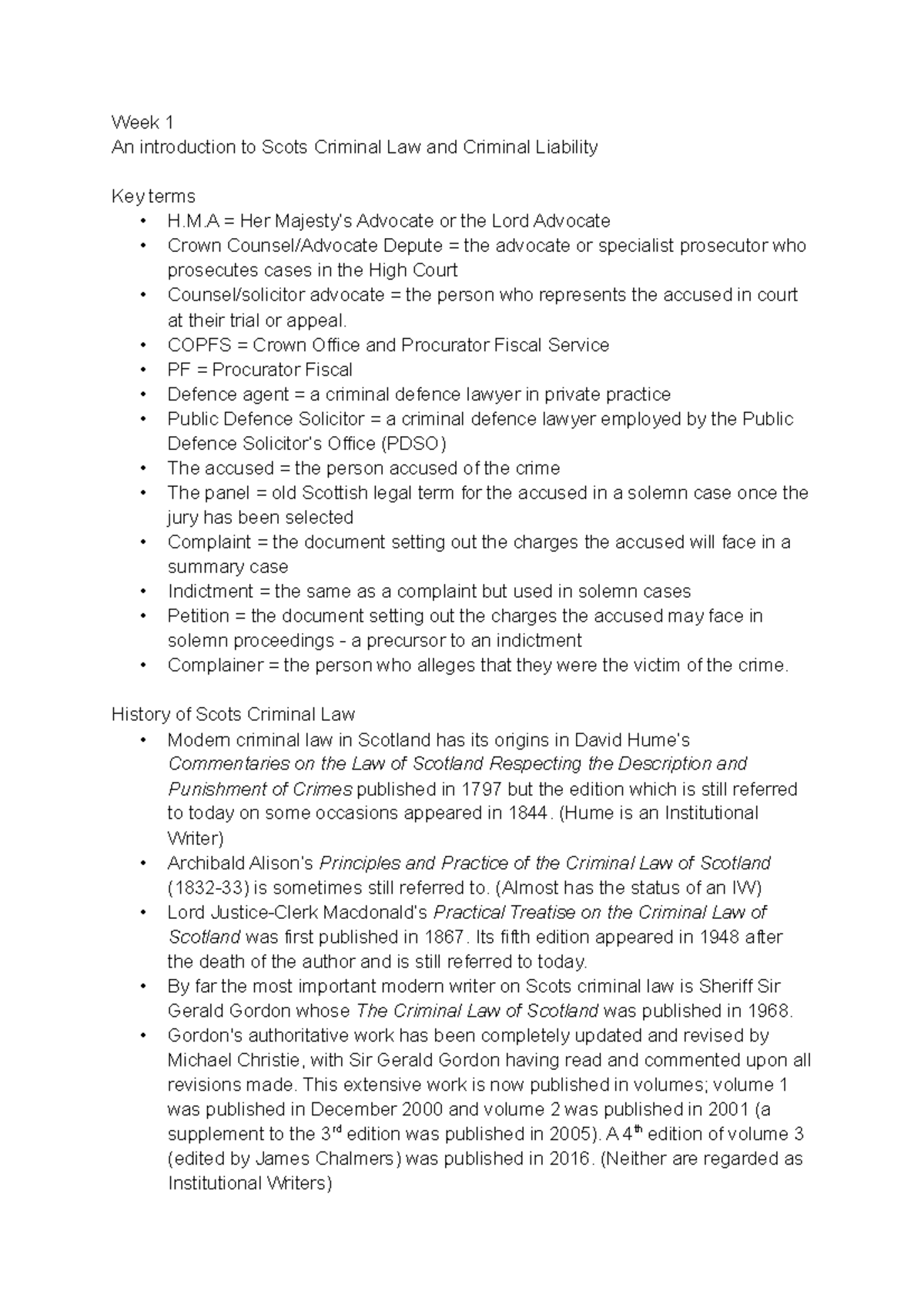 Week 1 - Week 1 An introduction to Scots Criminal Law and Criminal ...