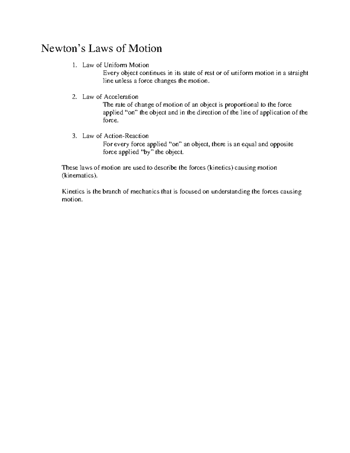 Newtons Laws of Motion - review notes - Newton’s Laws of Motion Law of ...