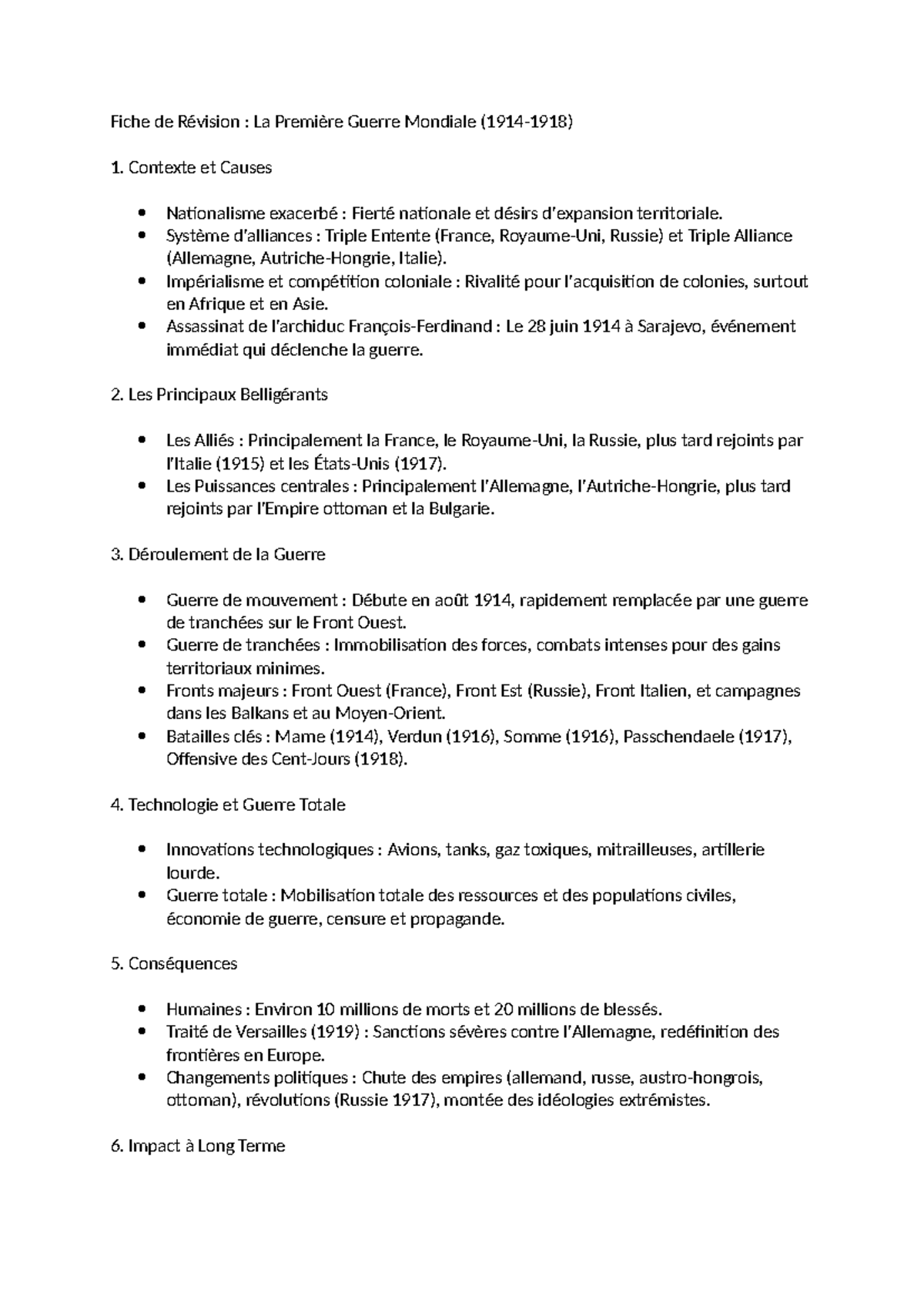 Fiche de Révision : La Première Guerre Mondiale (1914-1918) - Système d ...