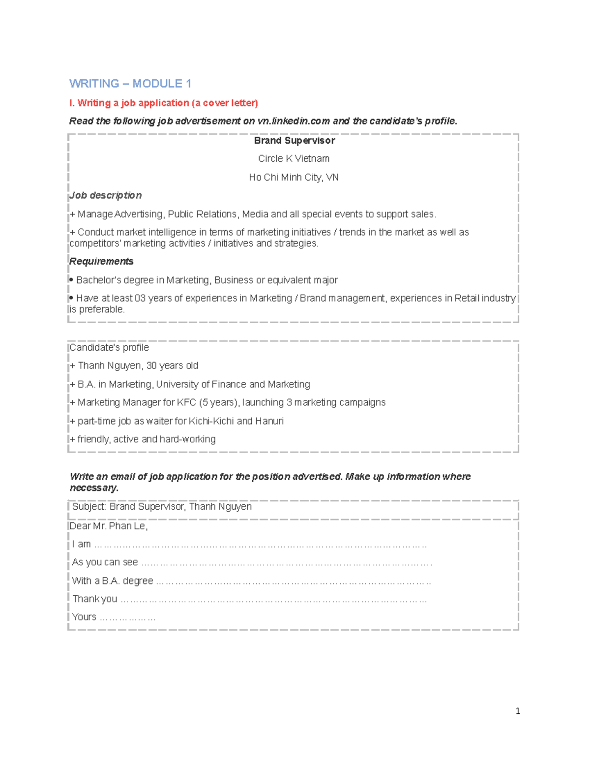 M1 - ML - Writing - WRITING – MODULE 1 I. Writing a job application (a ...