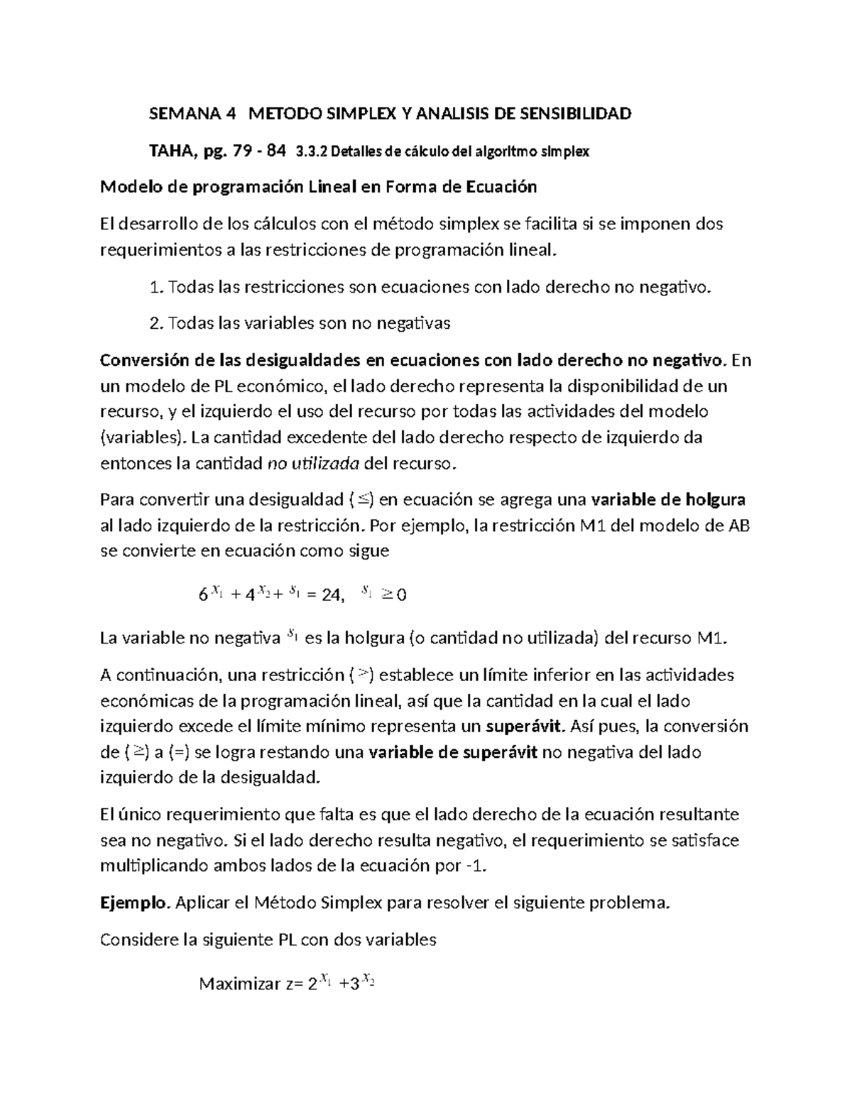 IO Semana 4 Metodo Simplex - SEMANA 4 METODO SIMPLEX Y ANALISIS DE SENSIBILIDAD TAHA, pg. 79 ...