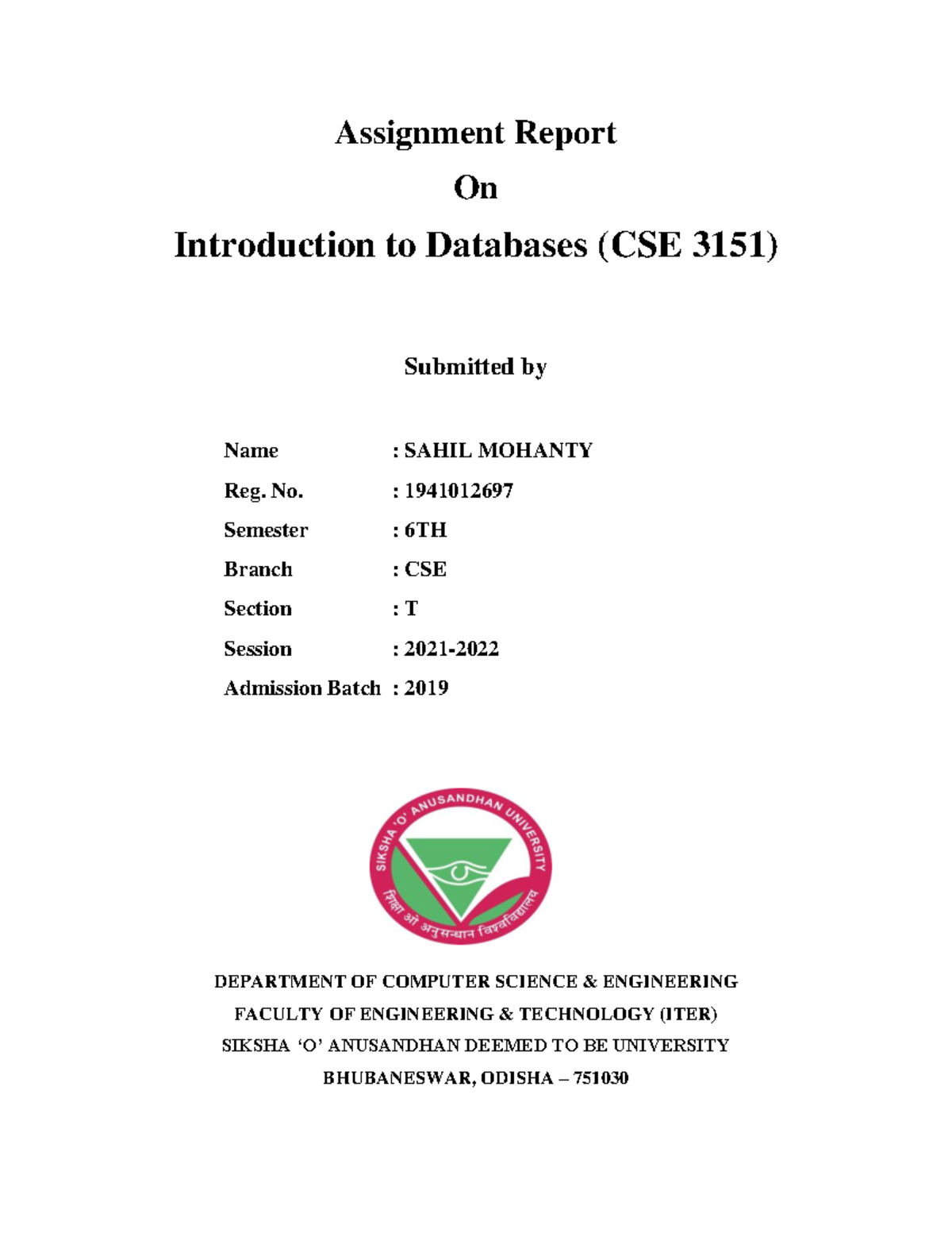 adadaasdasdasadas - Assignment Report On Introduction to Databases (CSE 3151) Submitted by Name ...