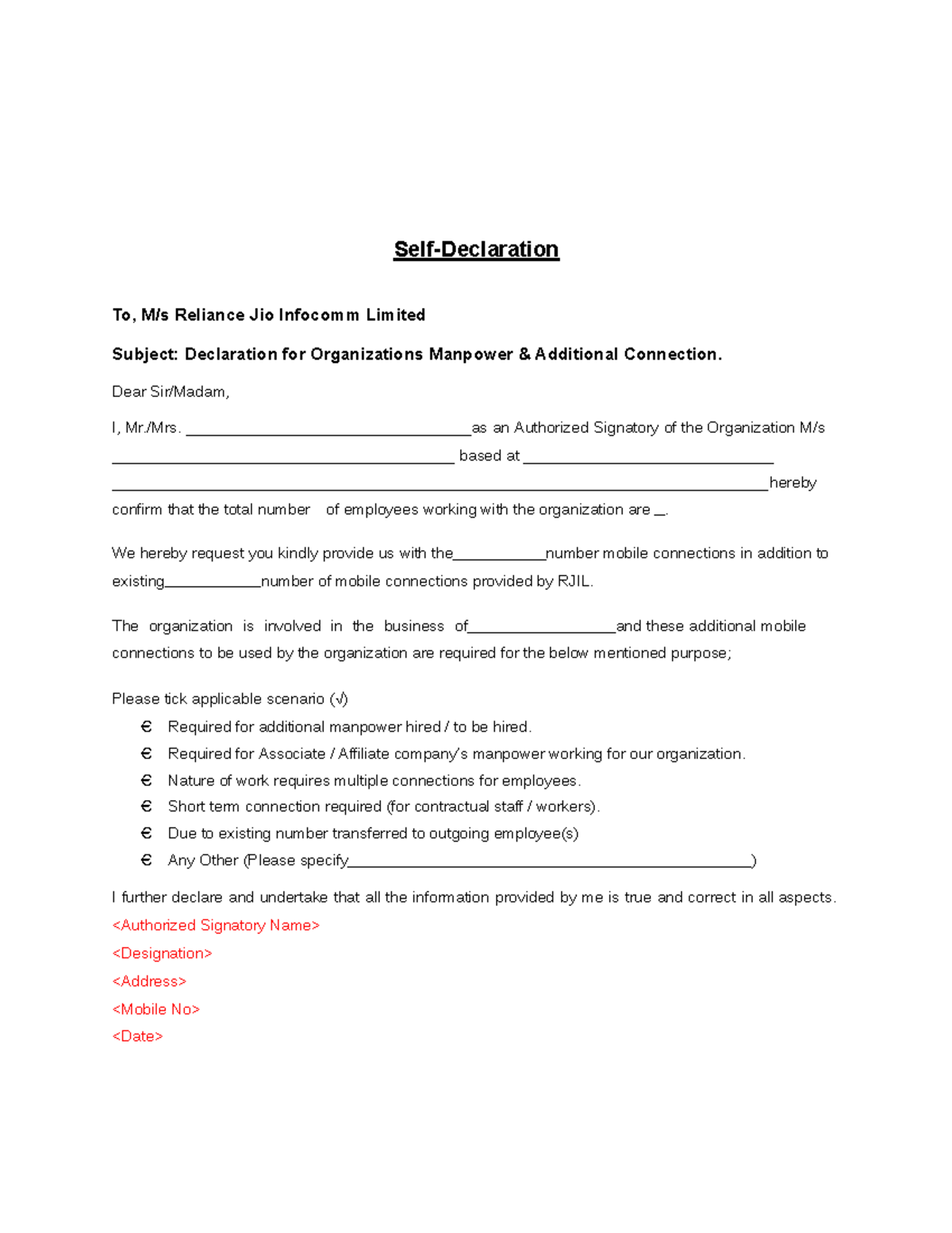 Manpower Self Declaration for mobile connections - Self-Declaration To ...