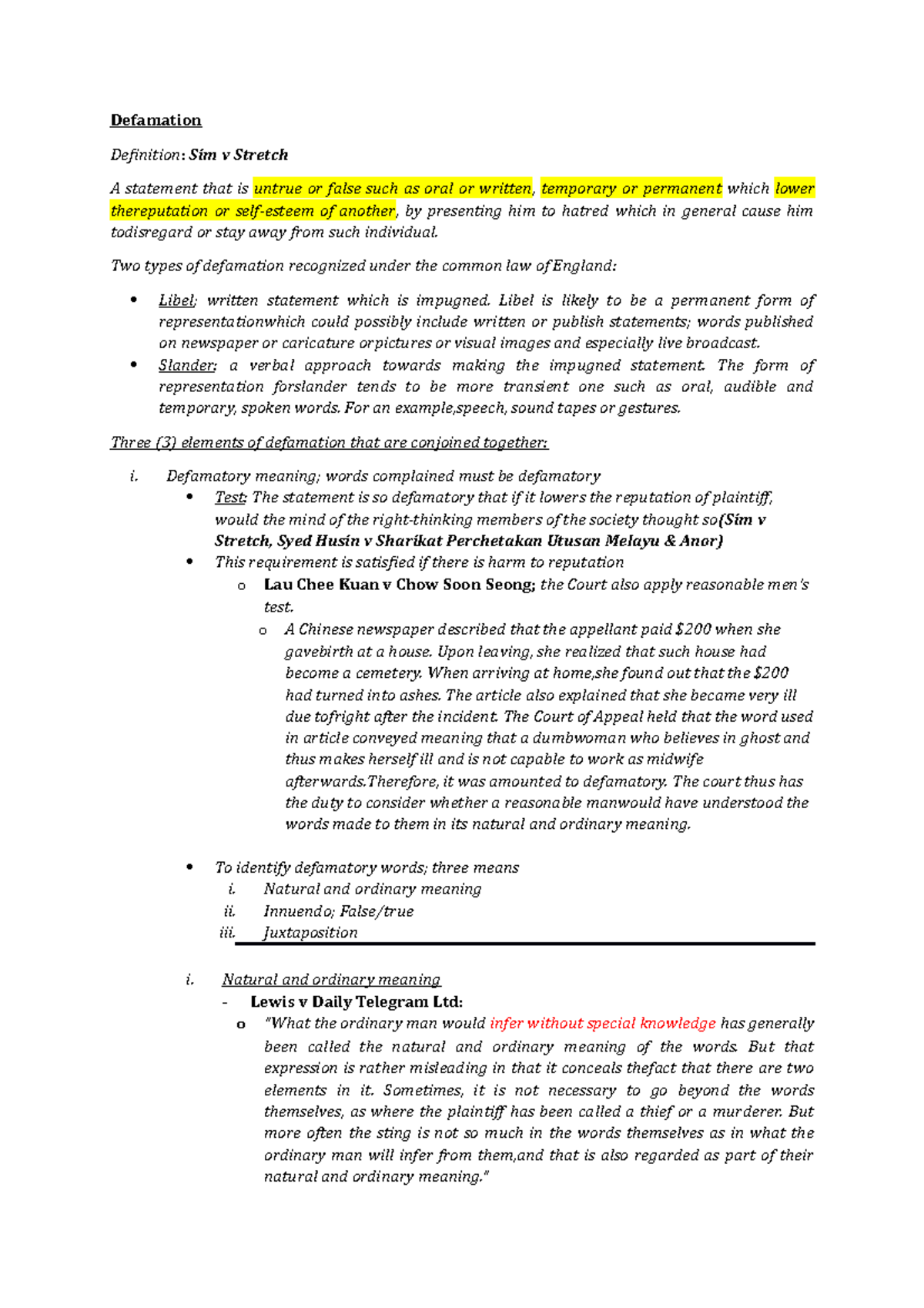 Defamation - Defamation Definition : Sim v Stretch A statement that is ...