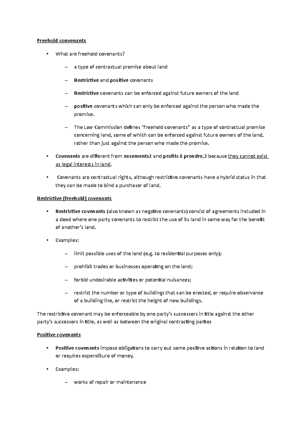 Land law - freehold convenants - Freehold convenants - What are ...