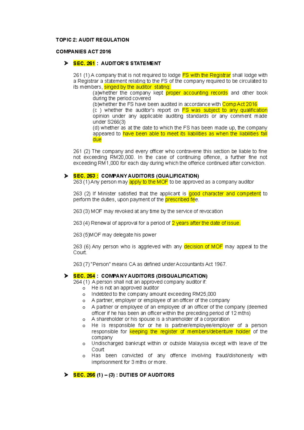 Topic 2 COMP ACT 2016 - TOPIC 2: AUDIT REGULATION COMPANIES ACT 2016 SEC. 261 : AUDITOR’S - Studocu