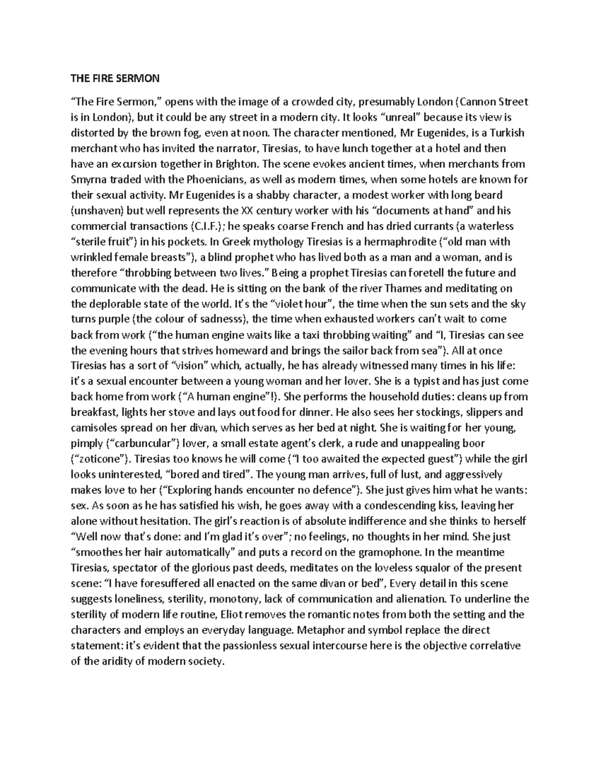 TS Eliot - THE FIRE SERMON “The Fire Sermon,” opens with the image of a ...