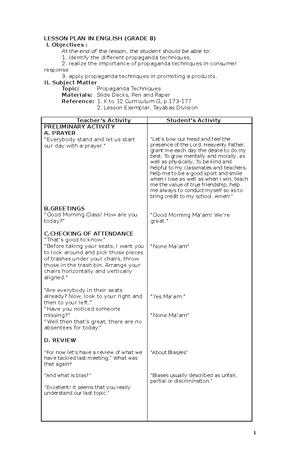 Parallelism Grade 8 Lesson Plan - La Salle University College of ...