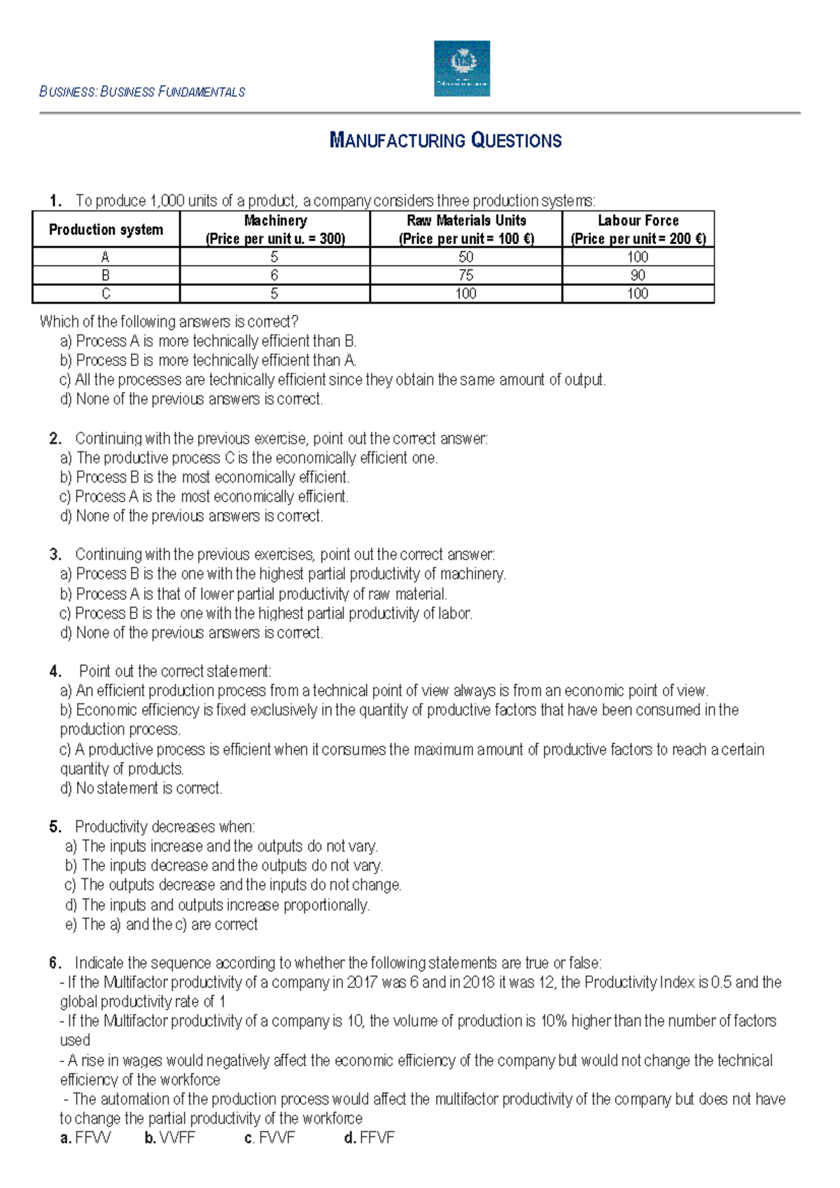 Manufacturing questions and Solutions - - Studocu